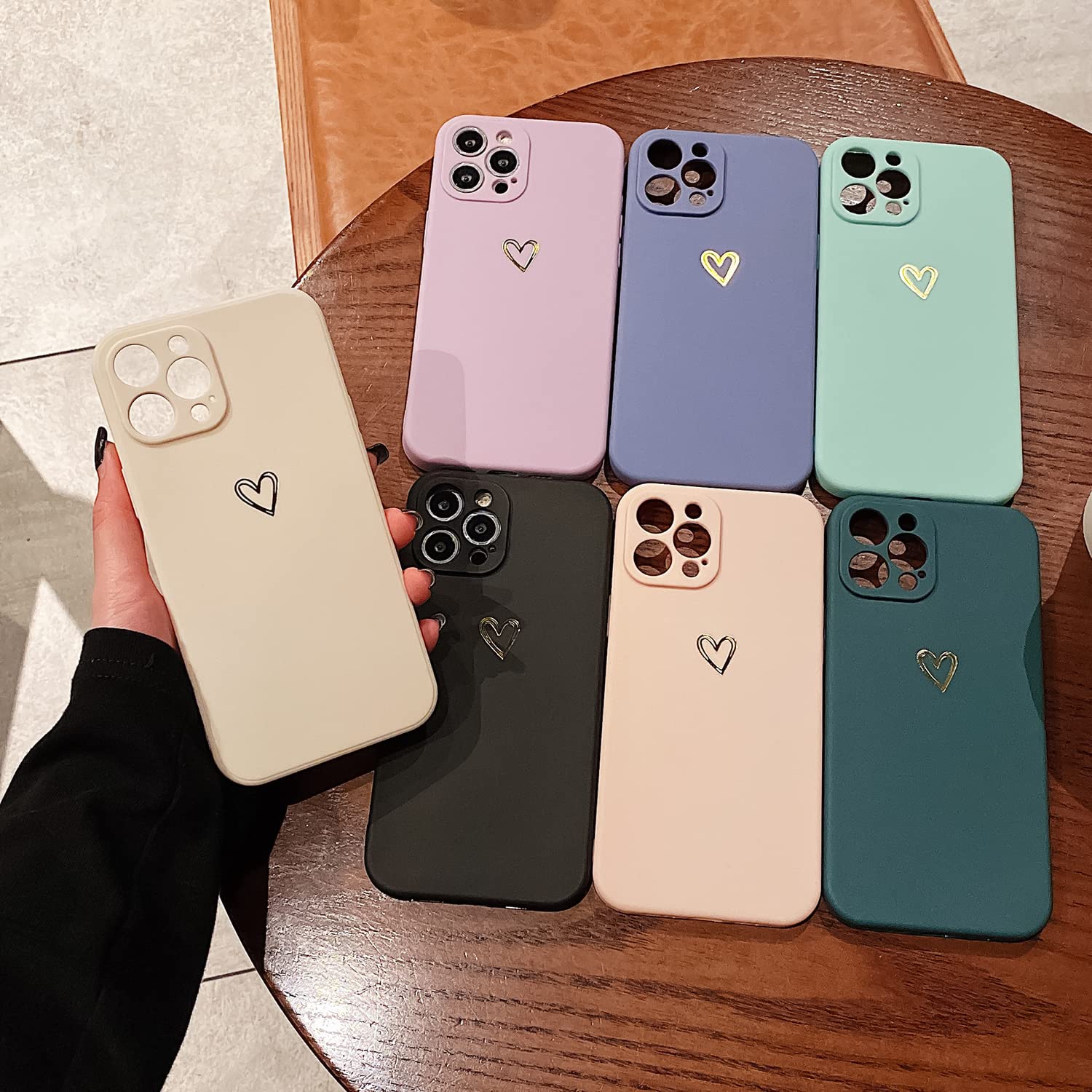 Ownest Compatible with iPhone 12 Pro Max Case for Soft Liquid Silicone Gold Heart Pattern Slim Protective Shockproof Case for Women Girls for iPhone 12 Pro Max-Pine Green