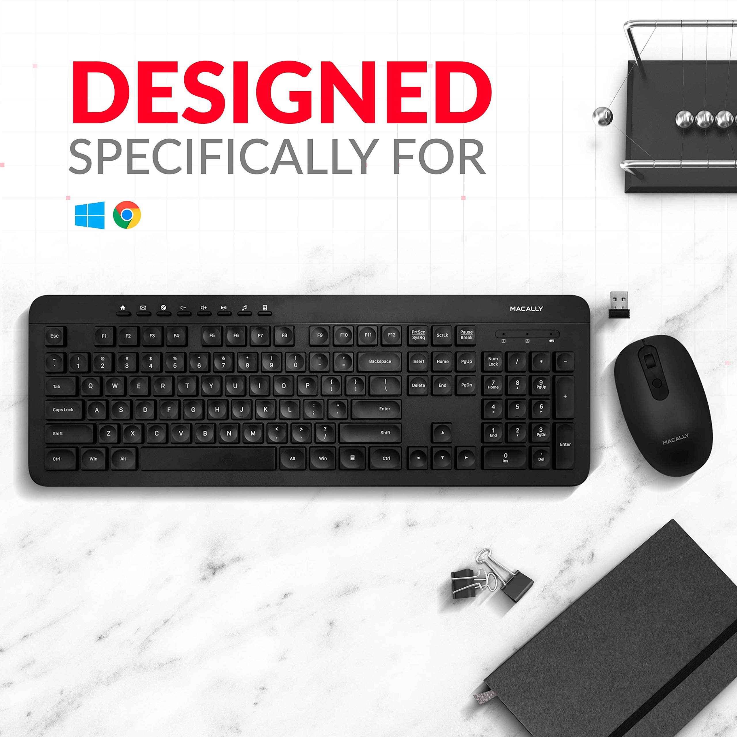 Macally Wireless Keyboard and Mouse Combo - 2.4G Ergonomic Wireless Mouse and Keyboard for Laptop and Desktop - Cordless Keyboard Mouse Combo Designed for Windows PC with USB, Plug & Play Full Size