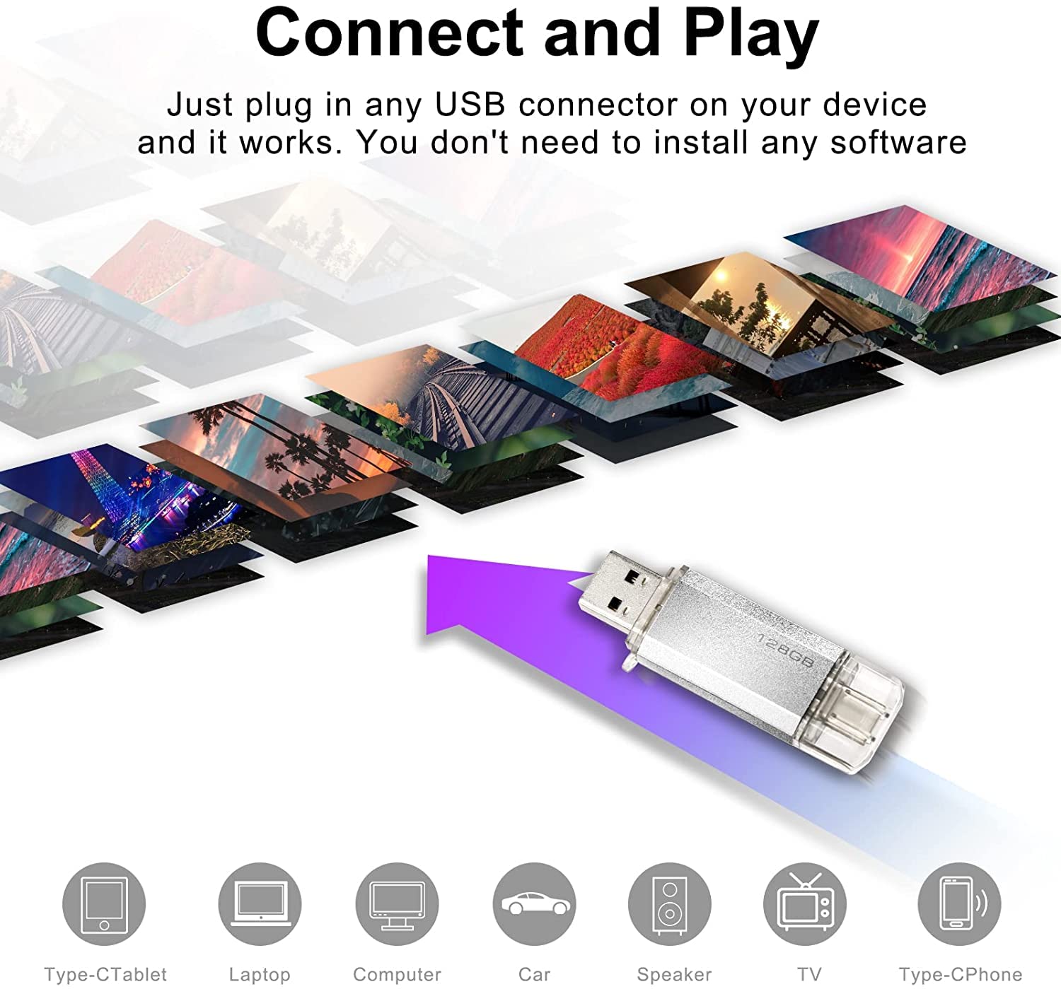 USB Type C Flash Drive 128GB 2-in-1 USB-C Flash Drive High Speed OTG Thumb Drive with Keychain Memory Stick Photo Stick for Android Phones MacBook Tablets PC,Sliver