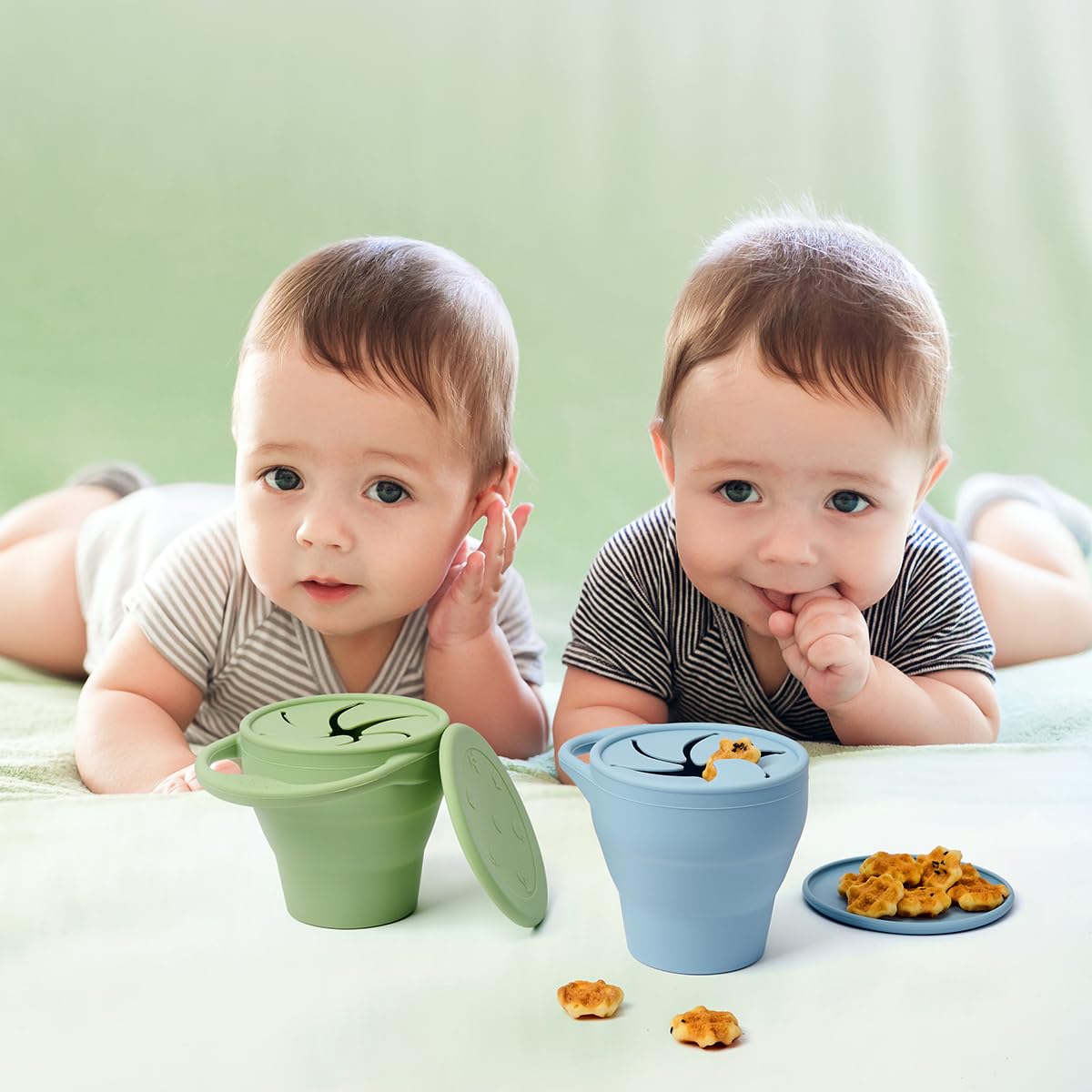 MumEZ Snack Cups for Toddlers, 2Pack Baby Snack Pots Food Grade Silicone Snack Cups, Spill-Proof Tops for Toddlers and Babies, Snack Spinner, Toddler Snack Pot