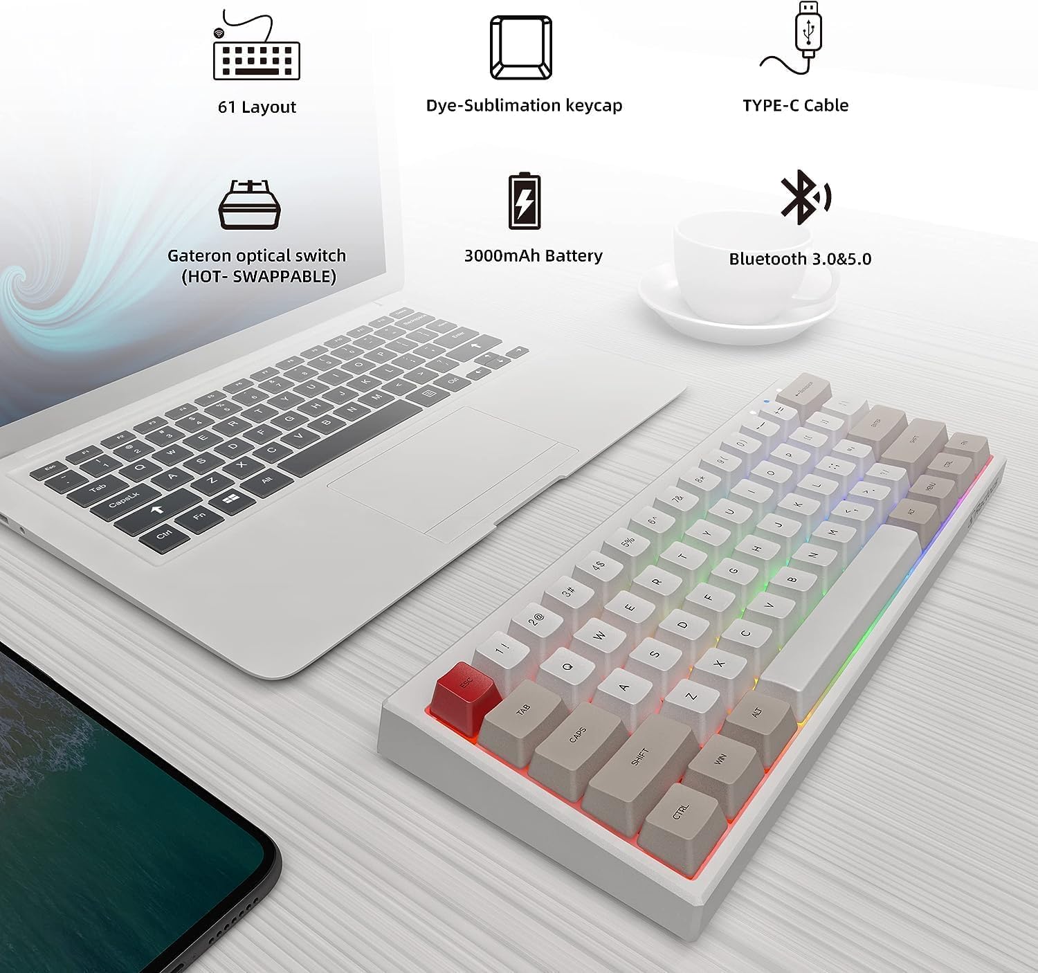 Ractous RTK63B 60% Wireless Mechanical Gaming Keyboard,RGB Blacklit PBT keycaps Type-C 63keys Bluetooth5.1/Wireless/Wried Gaming Keyboard for PC/Mac Gamers,Hot-Swap Optical Red Switch-Black