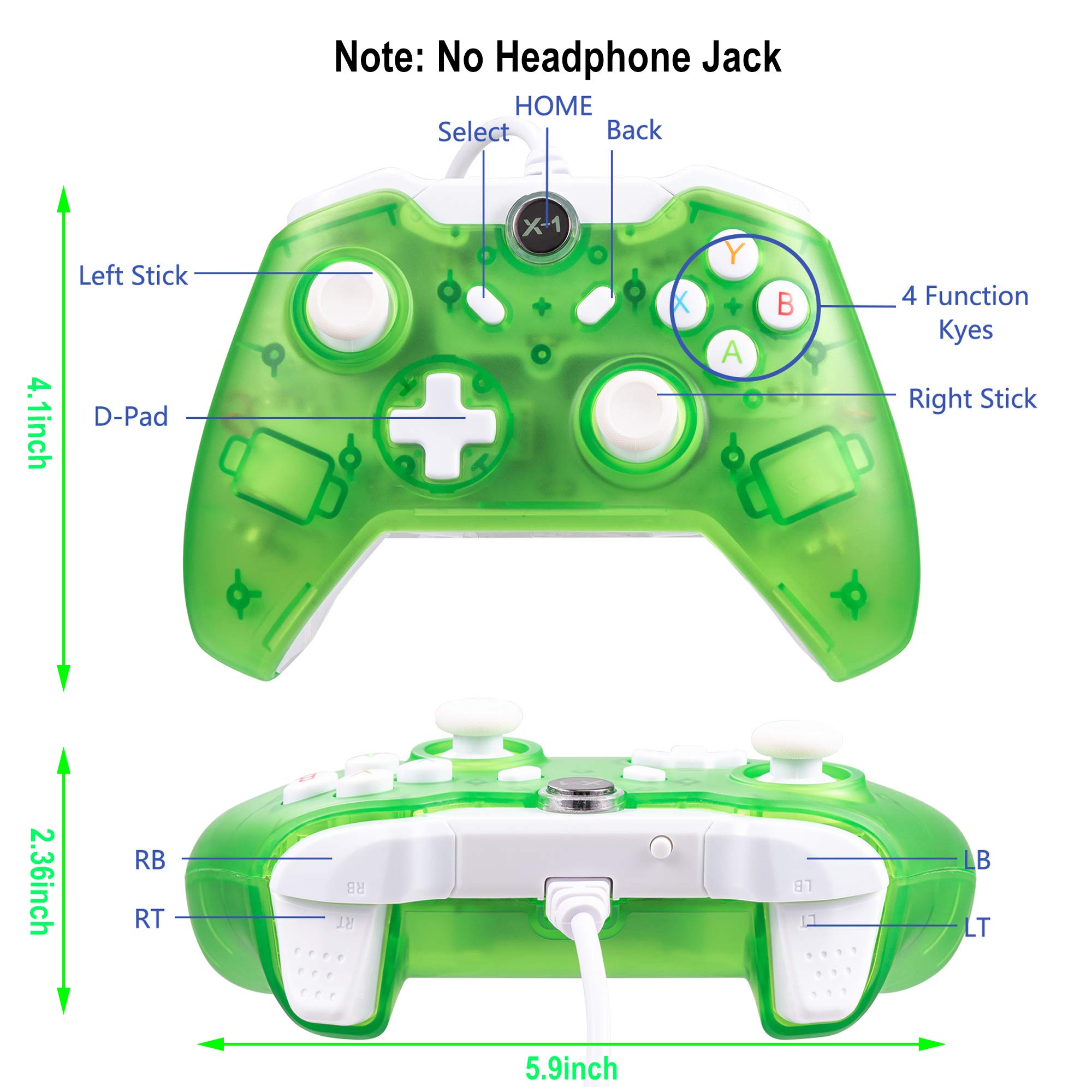 LUXMO PREMIUM Wired USB Controller for Xbox One, Xbox 1s Controller Joystick Gamepad Remote with Vibration LEDs Flicker Function for Xbox One Console PC Windows 7/8/10 (Transparent Green)