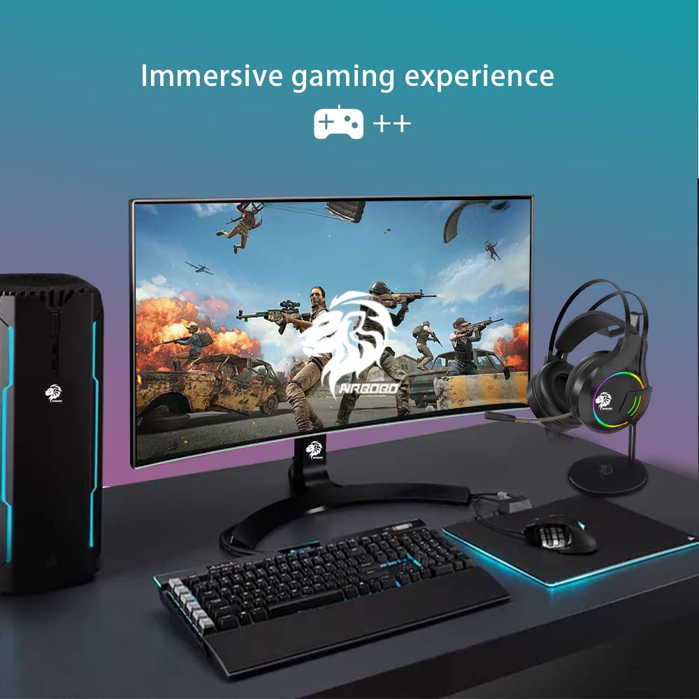 RAFIKI Gaming Headset with Microphone for PS4, PS5, Laptop, PC,Mobile Phone,7.1 Surround Sound Headphones,Memory Foam Ear Pads LED Lights, Self-Adjusting Over Ear Headset