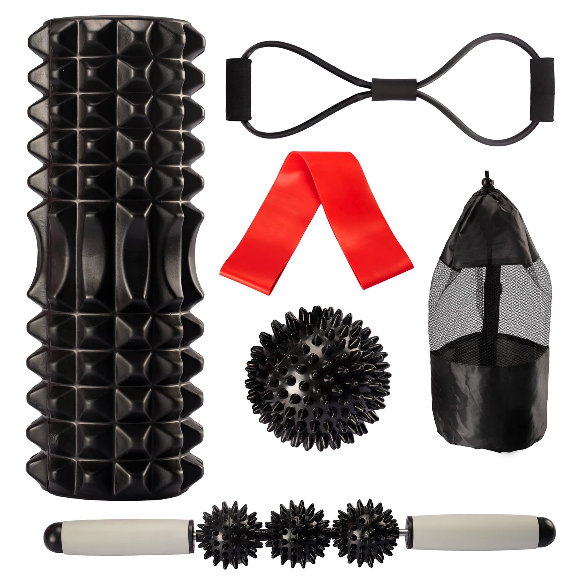 PudCraft Foam Roller Set, Yoga Set, 6 in 1 Foam Rollers Muscle Roller Stick Massage Balls Exercise Resistance Bands and Figure 8 Exercise