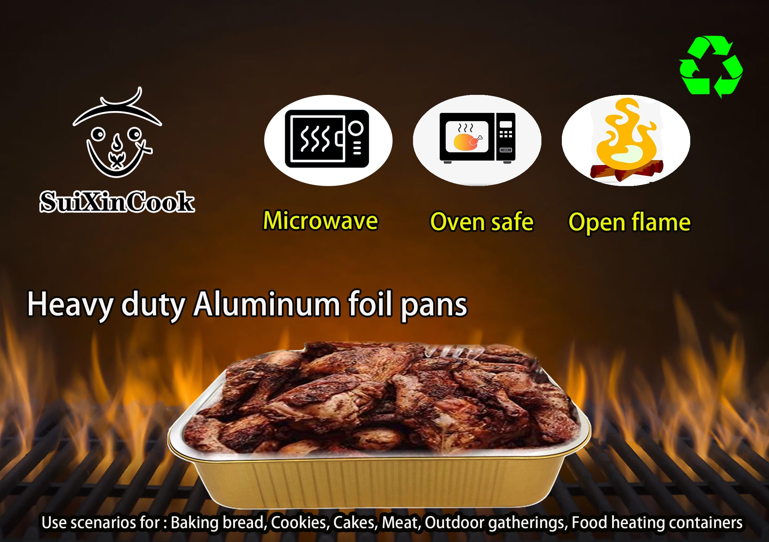 SuiXinCook Gold Aluminum Foil Baking Pan with lids Heavy Duty 9"×13"(10pack+10Lids), Double thickening, Disposable cake pans,Microwave oven safetyle. for Cooking,,Heating,Storage, BBQ