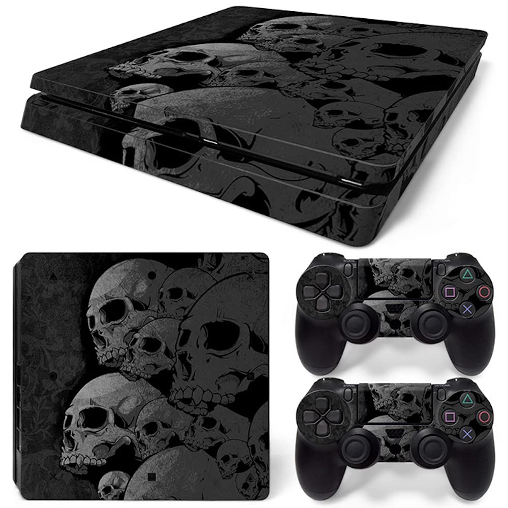 PS4 S Skin for Playstation 4 Slim Console and Controllers, PS4 Slim Whole Body Vinyl Skin Sticker Decal Cover - Black Skull