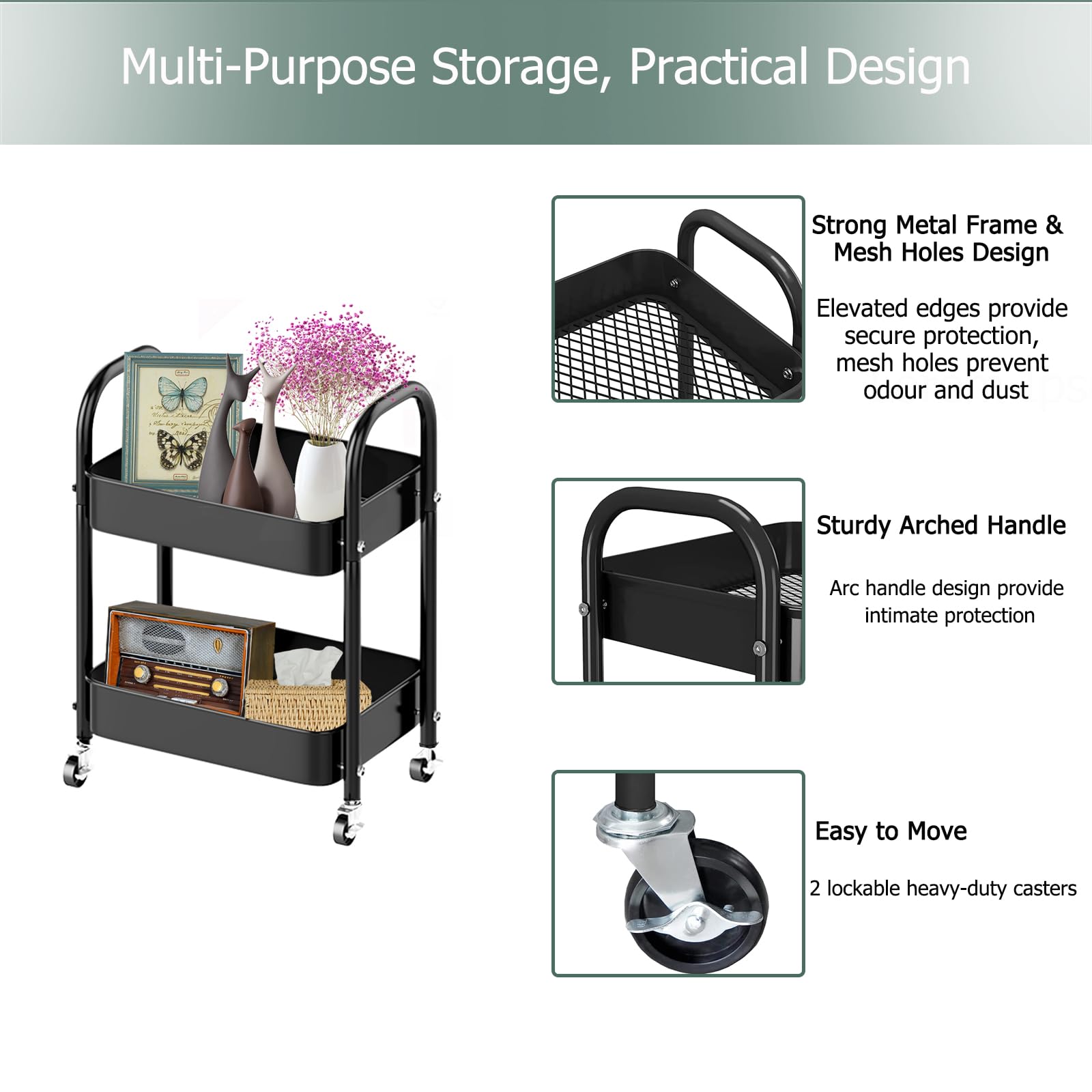 Melody House 2 Tier All-Metal Rolling Cart,Rolling Storage Cart with Handle and Locking Wheels Kitchen Cart,Laundry Office Bathroom Storage Organizer Cart with Wheels, Black