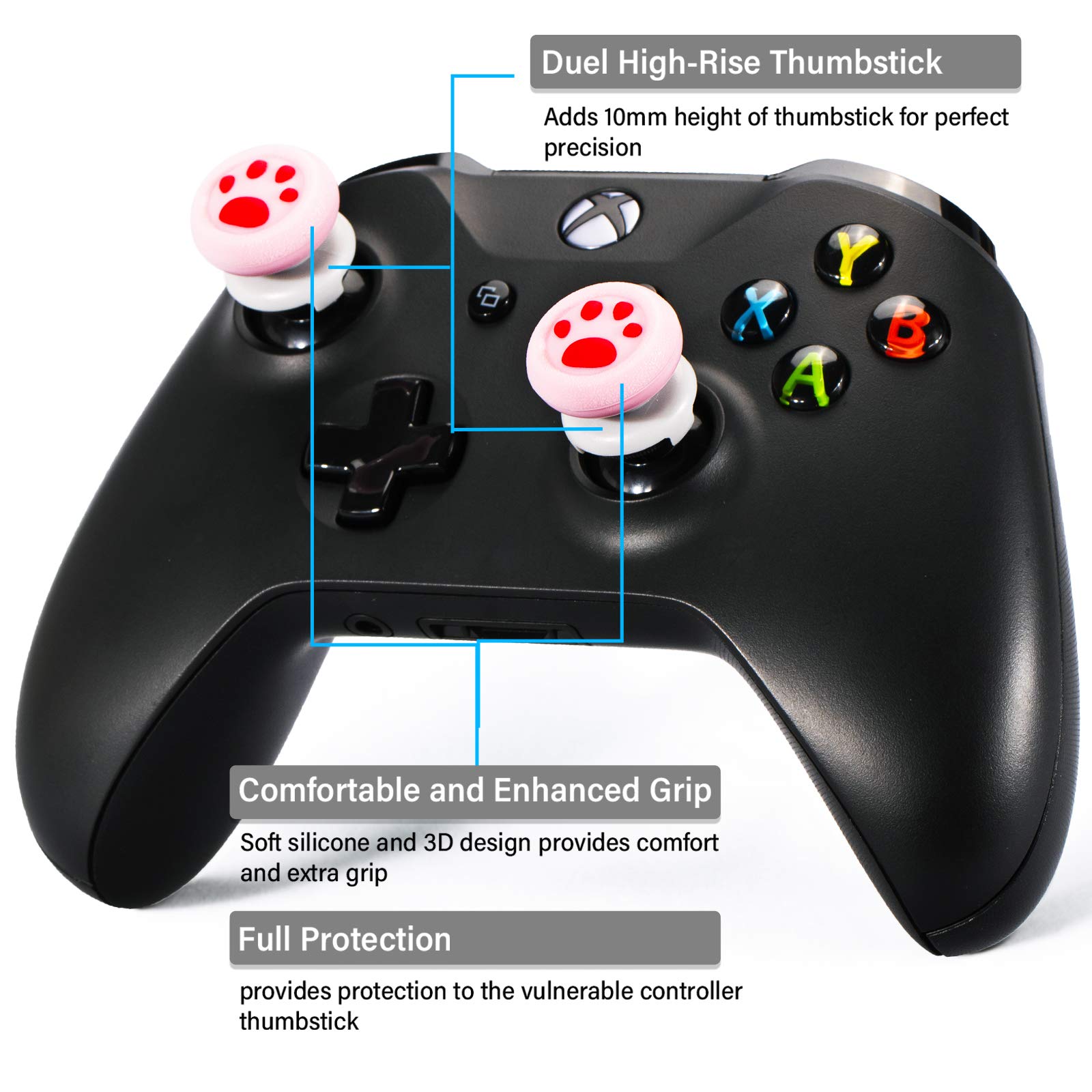 Playrealm FPS Thumbstick Extender & 3D Texture Rubber Silicone Grip Cover 2 Sets for Xbox Series X/S & Xbox One Controller(Cat Paw Coral)