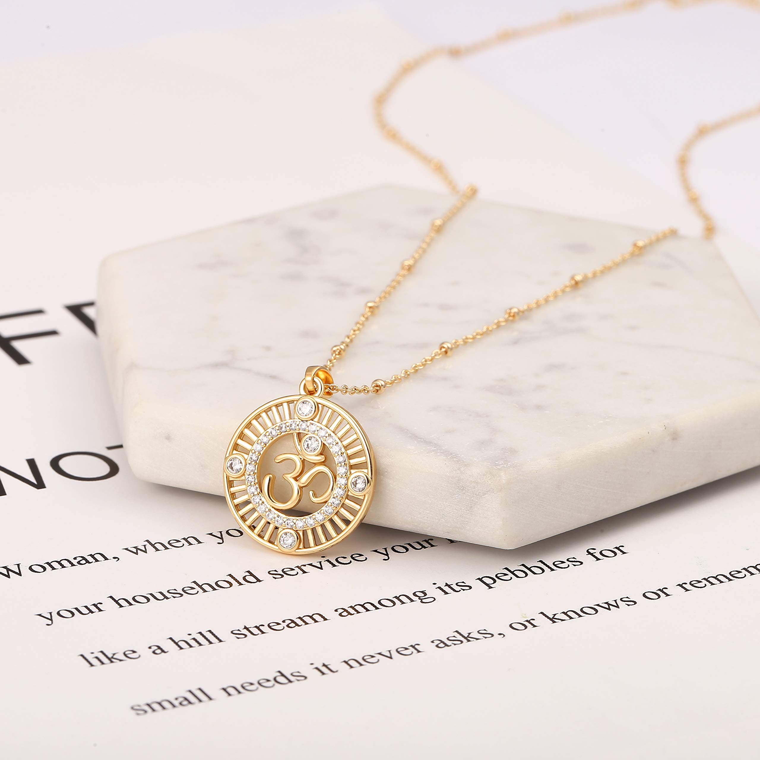 PERNNLA PEARL Sanskrit Symbol Om Satellite Beaded Chain Necklace 18K Gold Plated Aum Ohm Yoga Charm Pendant Long Necklace With CZ