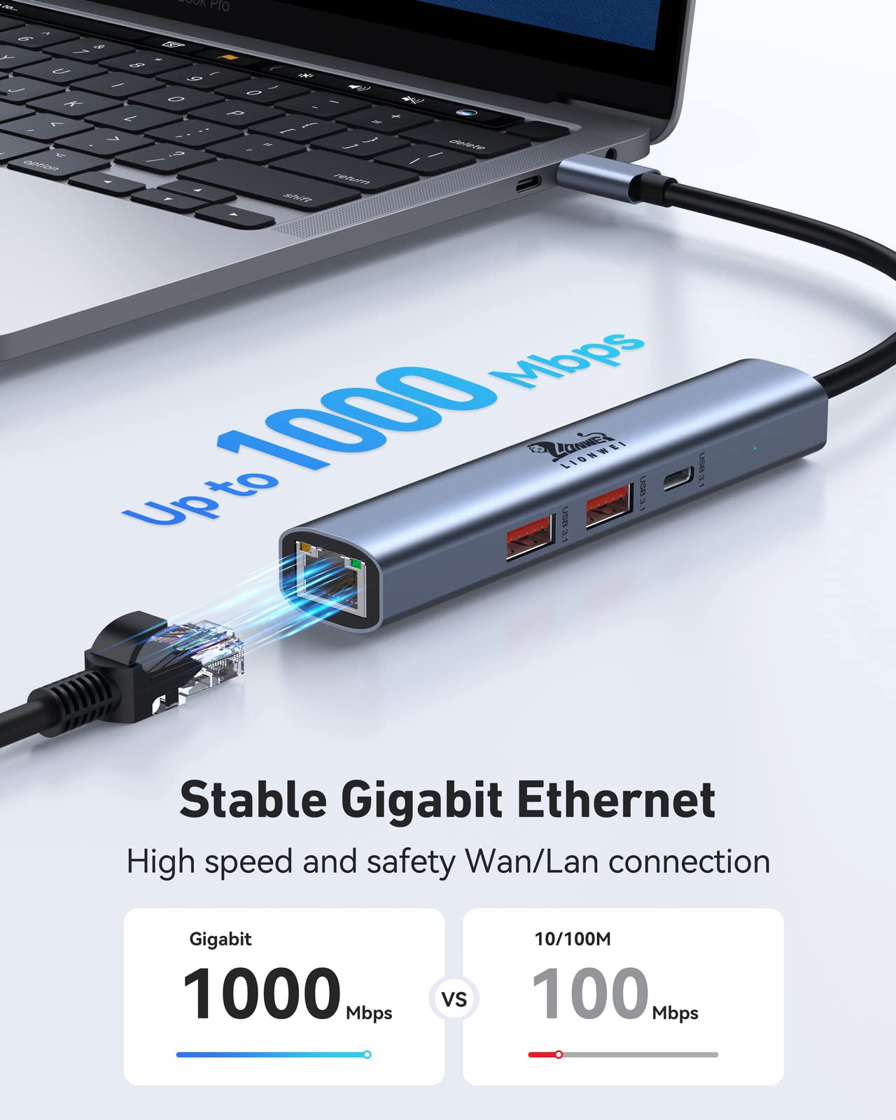 USB C Hub with Ethernet 10Gbps USB 3.1, LIONWEI 4 IN-1 USB C Splitter for MacBook with 2 USB 3.1 Port, USB C 3.1 Port & 1000M Ethernet, Portable Adapter for Laptop, PC, Smartphone Plug and Play Dongle