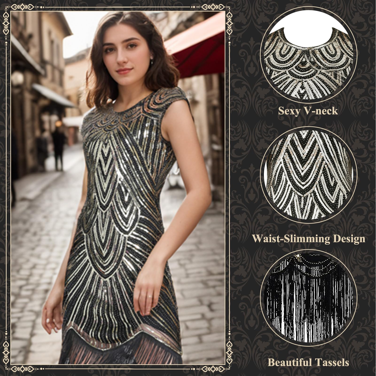 PLULON 1920s Sequin Beaded Fringed Flapper Dress Great Gatsby Dresses for Women with roaring 20s Costumes Accessories Set (Gold and Black,XLarge)