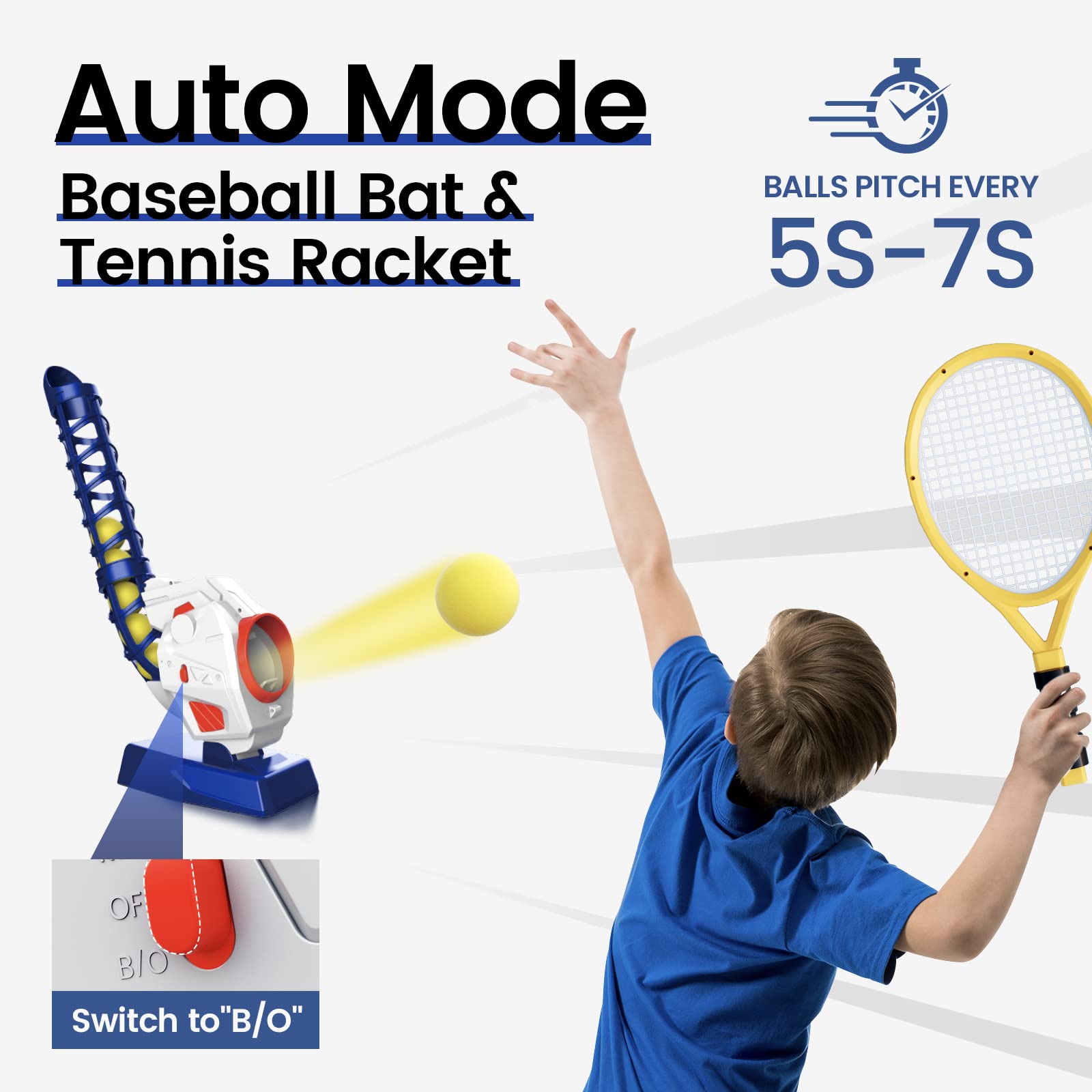 Tecnock 2 in 1 RC Tennis Baseball Pitching Machine - Chargable Tennis Ball Launcher,Automatic Pitcher Play Set with Remote Control Bat+Tennis Racket+10 Balls,Sport Games Training Toys Set for Kids