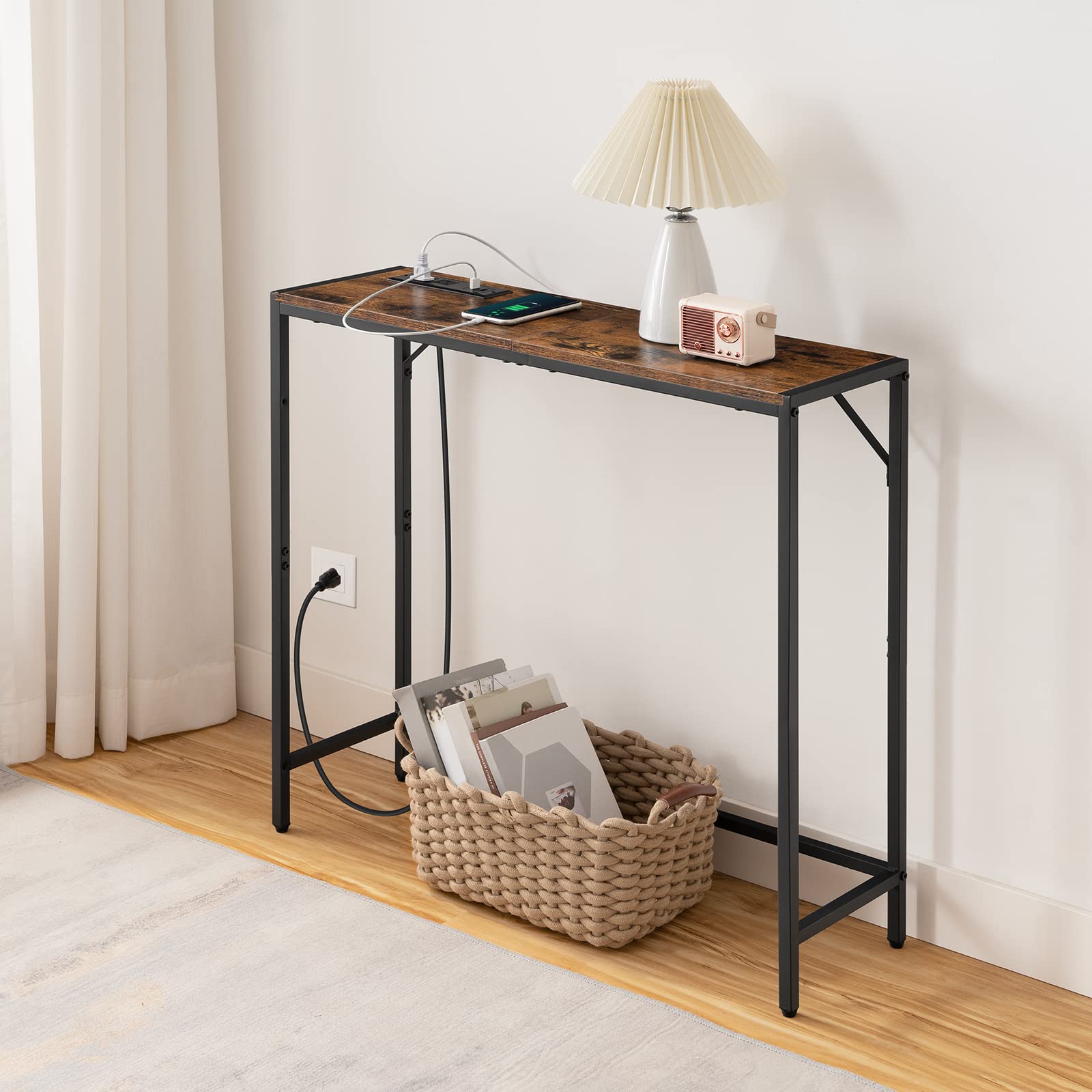 MAHANCRIS Console Table with Power Station, 30.1” Entryway Table, Behind Sofa Table, Industrial Style, Outlets and USB Ports, Sturdy, for Living Room, Entryway, Foyer, Corridor, Rustic Brown CTHR76E01