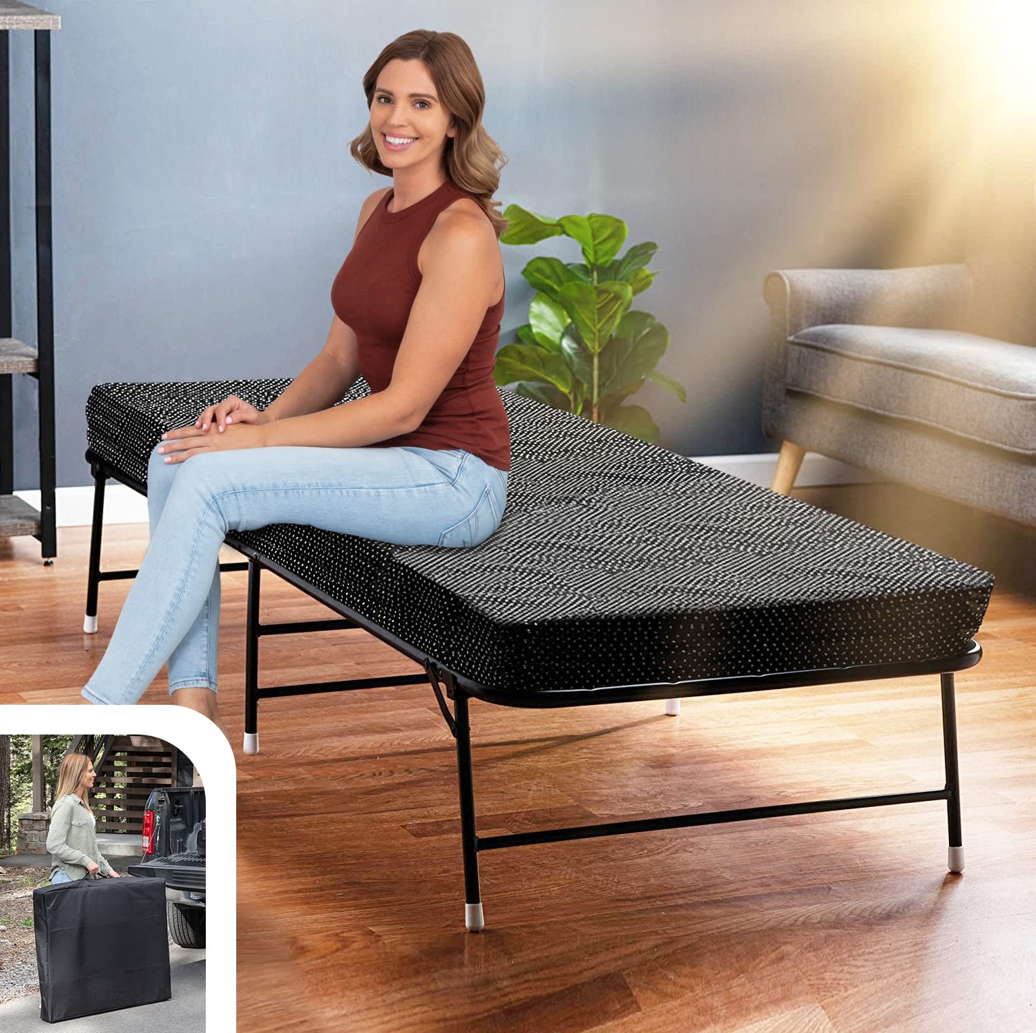 LiteBed™ Folding Bed with Memory Foam Mattress - Portable Twin Fold Up Bed with Storage Bag - Luxurious Hideaway Foldable Bed with Frame - Foldaway Guest Bed for Adults & Kids - NO-RISK 100-DAY TRIAL