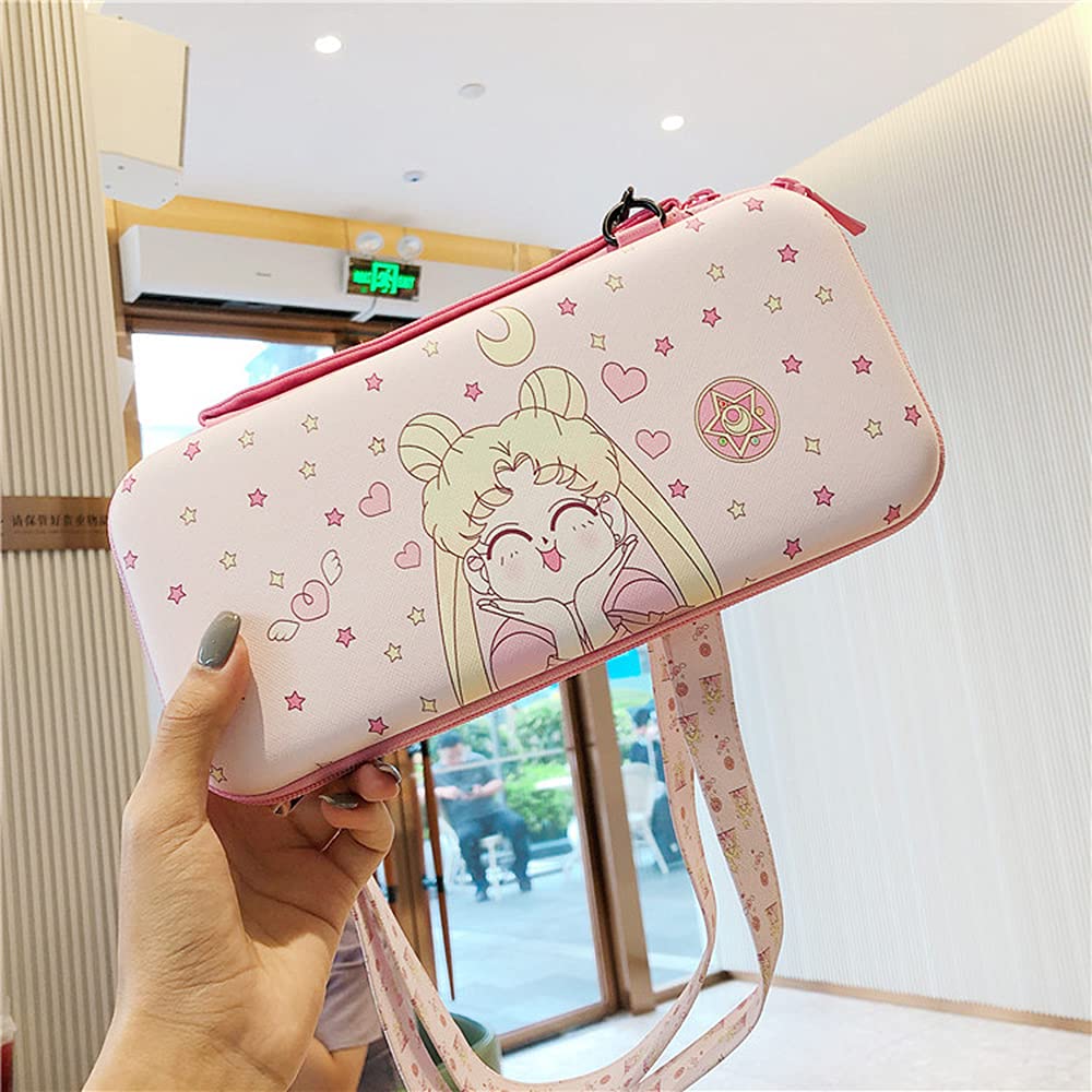 NocksyDecal Carrying Case Compatible with Nintendo Switch & OLED Mode, Cute Pink Sailor Moon Accessories Portable Travel Case with Shoulder Strap for Switch Hard Carry Case for Girls