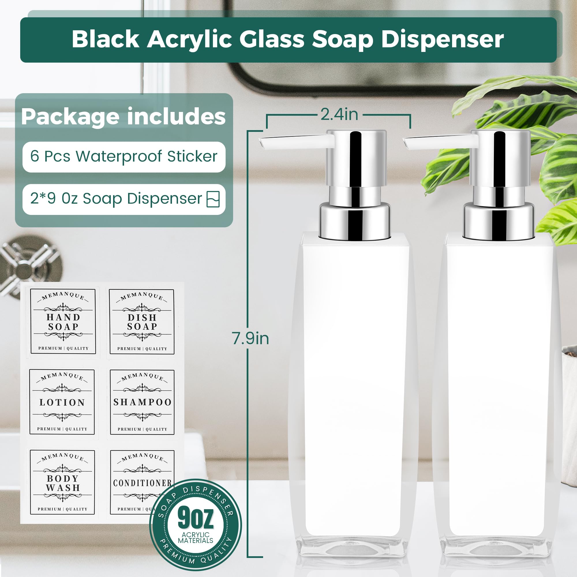 Memanque White Soap Dispenser Bathroom,2 Pack Kitchen Hand and Dish Soap Dispenser Set, Bathroom Soap and Lotion Dispenser,Refillable Liquid Soap Dispenser