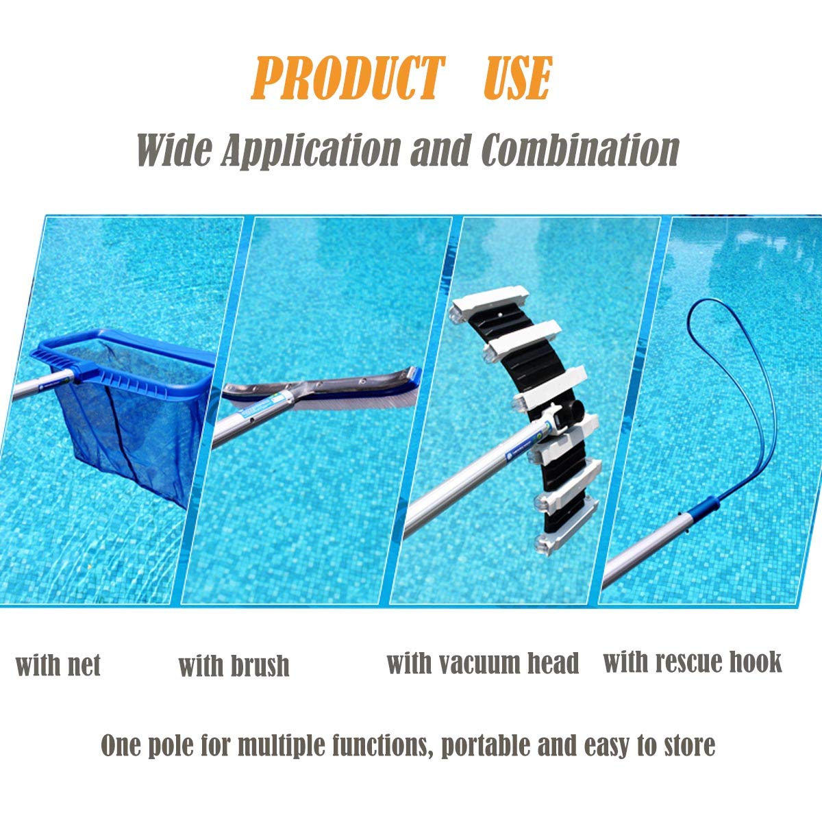 Upgraded Professional 16 Foot Swimming Pool Pole Telescopic Aluminum, 1.28mm Thicken Fits Pool Net Skimmer Rake Vacuum Head Brush Cleaning Heavy Duty, Adjustable 3 Section from 6 to 16ft Extension