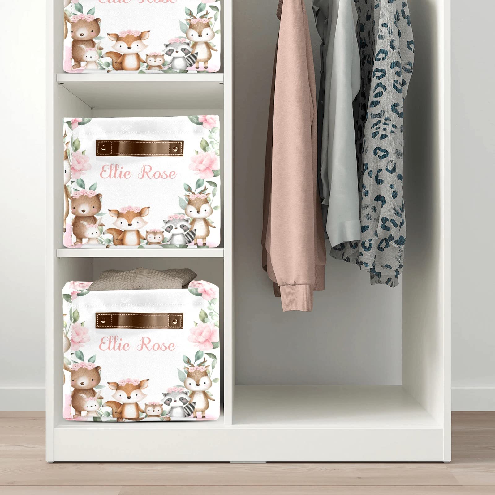 Woodland Animals Pink Floral Personalized Storage Bins,Foldable Baskets Organizer with Handle for Nursery Pet Toy Clothes Box 4 Packs