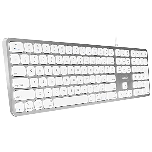 Macally Premium Wired Mac Keyboard with Number Keypad and 2 Port Hub - Compatible Apple Keyboard Wired - Extended USB Keyboard for Mac Mini/Pro, iMac, MacBook Pro / Air (Silver Aluminum)