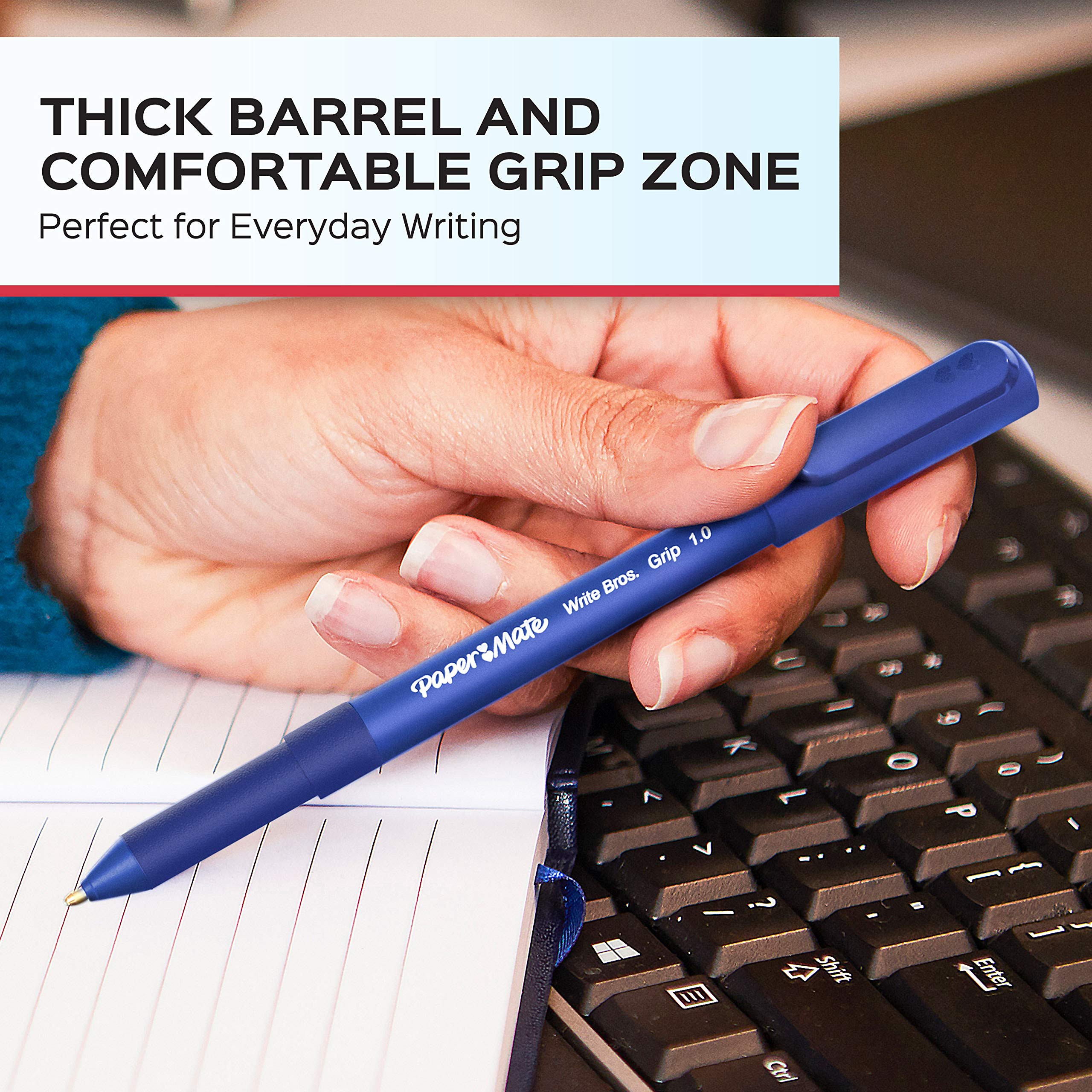 Paper Mate Ballpoint Pens, Write Bros. Grip Blue Ink Pens, Medium Point (1.0mm), 36 Count