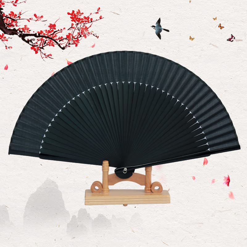 NA Chinese Wind Folding Fan Hanwear Vintage Fan Antique Women Dance Folding Summer Portable Easy Closure (All Black)
