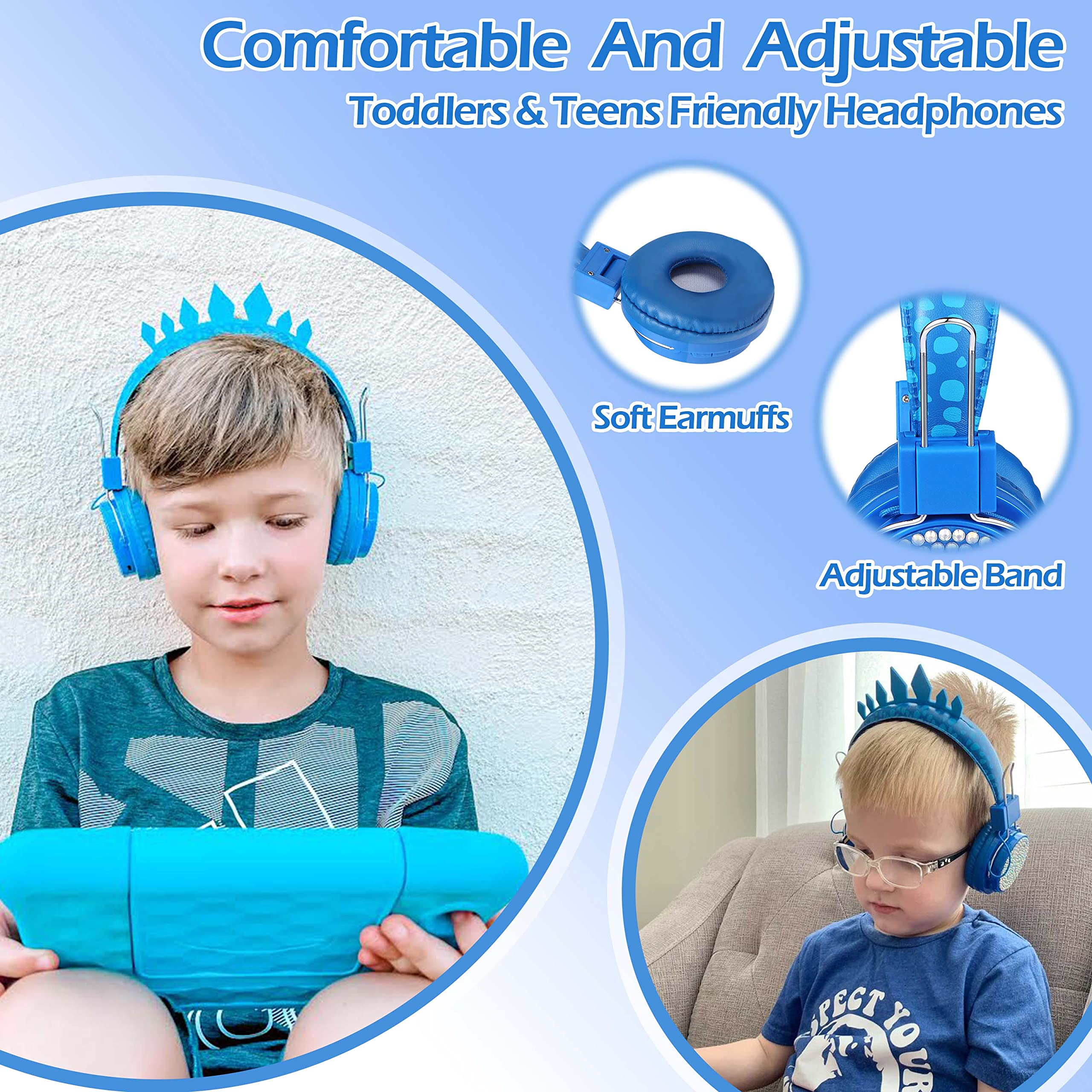 Soosooly Kids Headphones with Microphone,95dB Max Volume,Nylon Cable,Adjustable Wired Over-Ear Headset for Online Study,School, Kindle,Tablet,PC,Laptop(Dinosaurs,Blue)