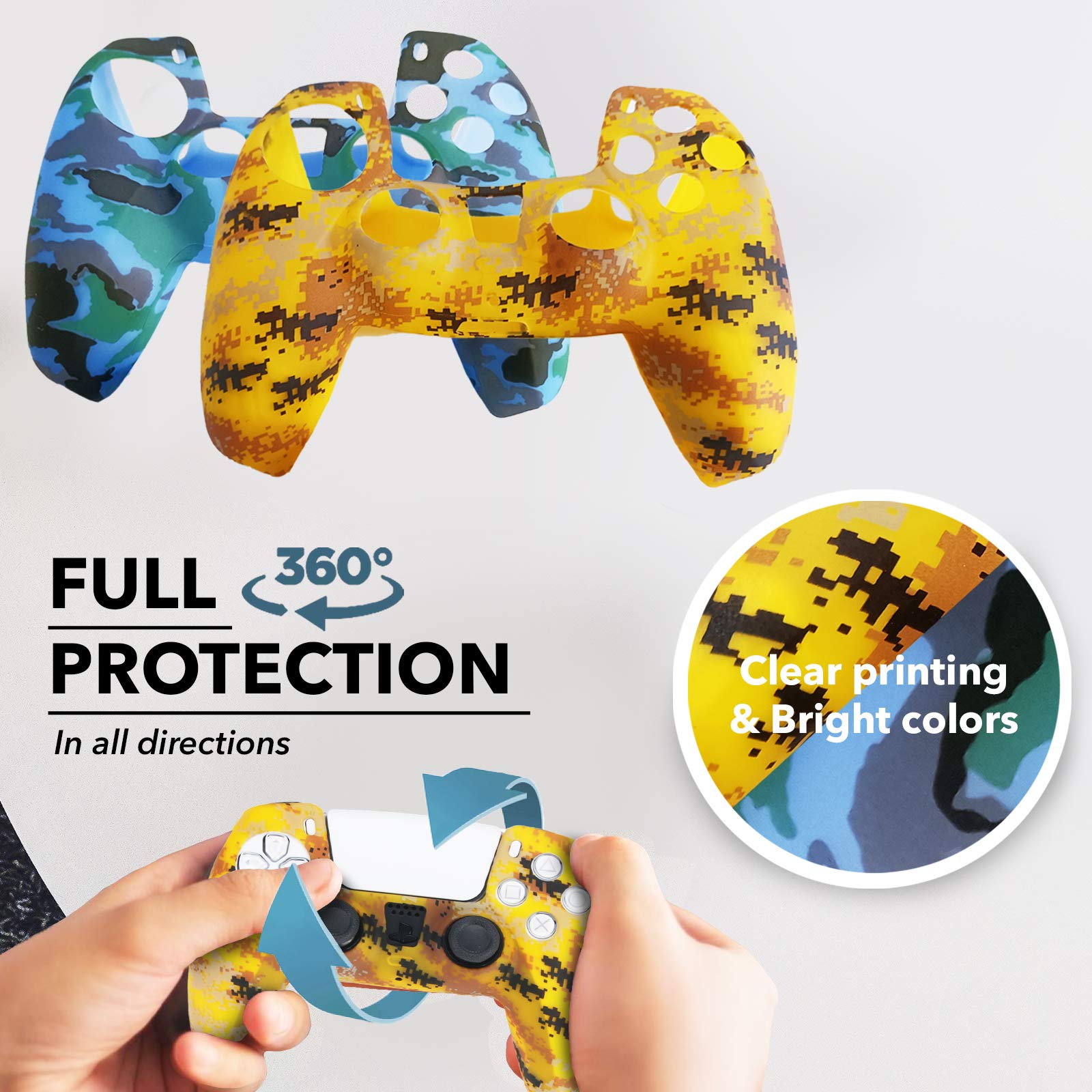 PS5 Controller Skin,Non Slip Comfort Silicone Skin Cover Protector Case for PS5 Controller(Controller Skin case x 2 + FPS PRO Thumb Grips x 8) (Camouflage Yellw+Blue)