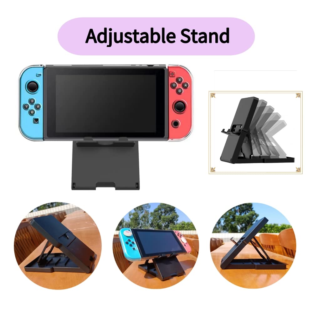 Switch Accessories Bundle, Peniobnm 13 in 1 Switch Accessories Kit Includes Switch Case, Adjustable Stand, 2 Tempered Glass Screen Protectors, Crystal Case for Console, 6 Thumb Grip Caps, Purple