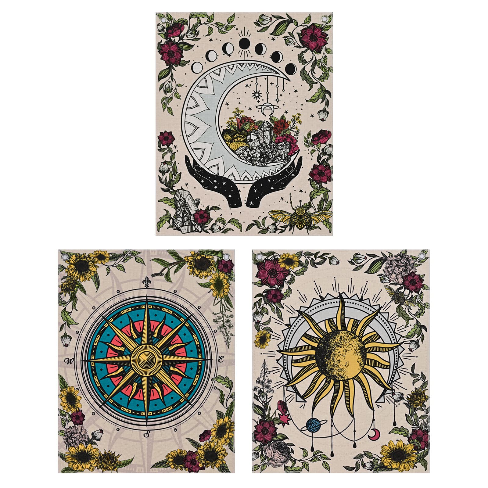Pack of 3 Tarot Tapestry Tarot Card Tapestry The Sun The Moon The Star Tapestry Floral Plants Tapestry Moon Phase Tapestry with Rustproof Grommets, Seamless Nails