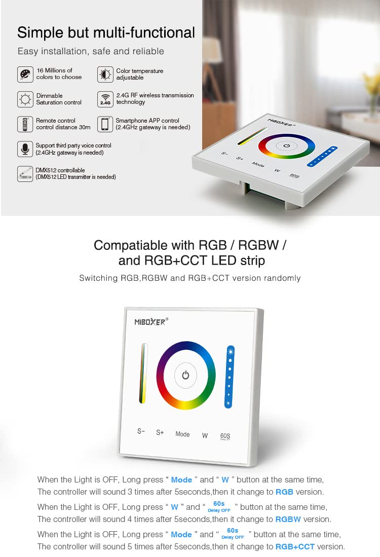 LGIDTECH P3 Miboxer Wall-Mounted Full Touch Panel Controller for 3528 5050 2835 RGB RGBW RGB+CCT Dimmable Color Changing LED Strip Lighting DC 12-24V 10A 120W 240W.Support Voice and DMX512 Control