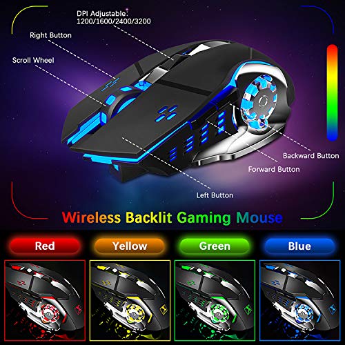Wireless gaming Keyboard and Mouse,Rainbow Backlit Rechargeable Keyboard Mouse with 3800mAh Battery Metal Panel,Removable Hand Rest Mechanical Feel Keyboard and 7 Color Gaming Mute Mouse for PC Gamers