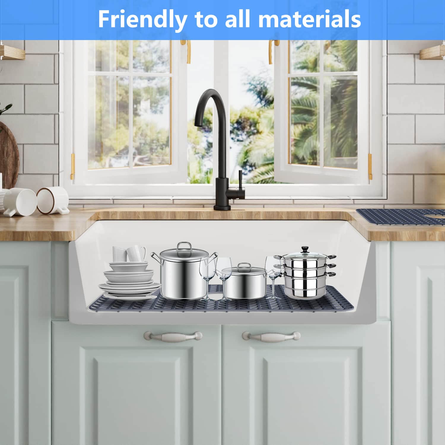 Silicone Sink Mat 26βx14β, JIUBAR sink protectors for kitchen sink,silicone sink mat,Sink Mat Grid for Bottom of Farmhouse Stainless Steel Porcelain Sink with Rear Drain.(Grey)