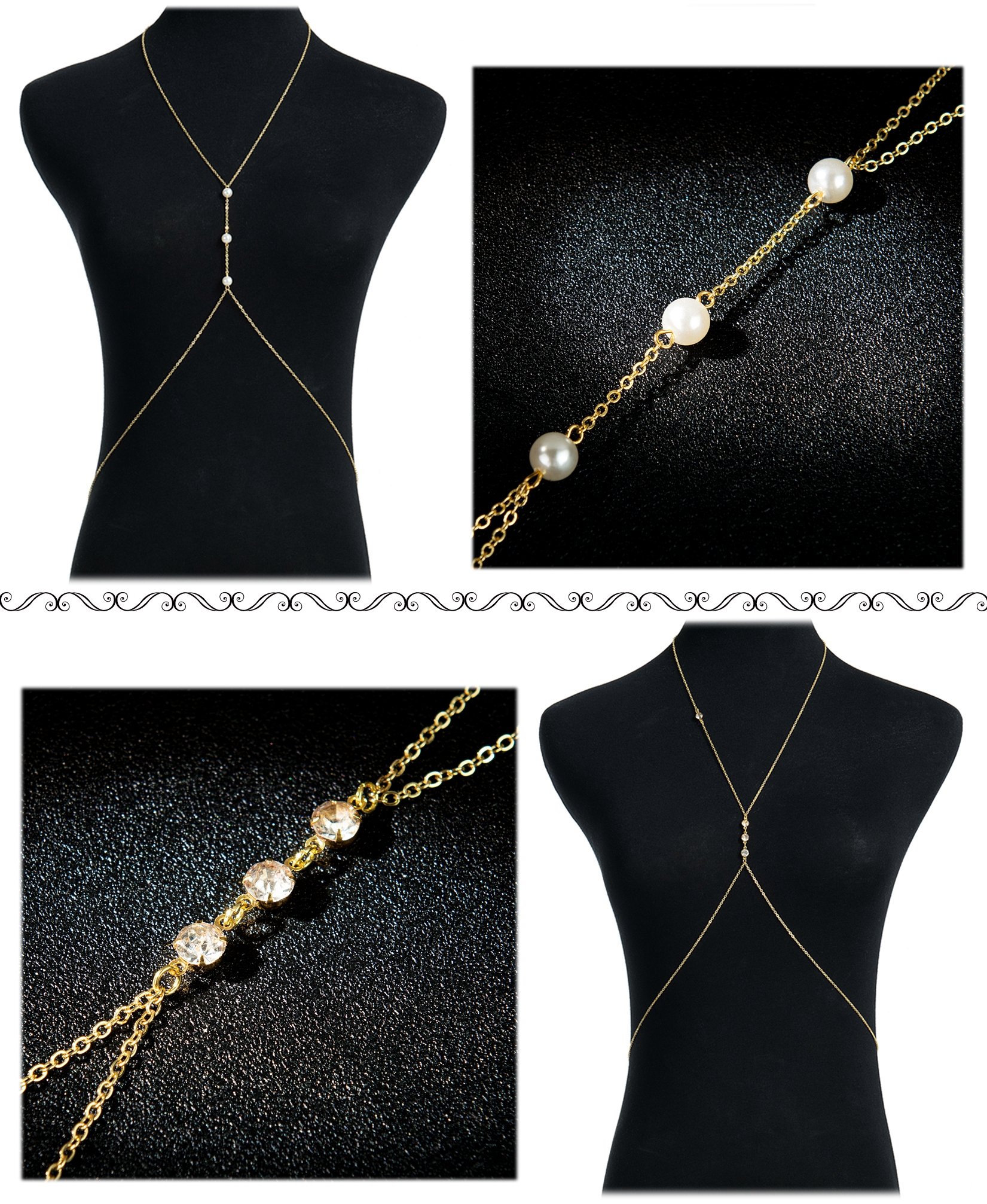 Masedy 4Pcs 18K Gold-plated Sexy Crossover Body Belly Chains Necklace Bikini Beach Body Jewelry Gold