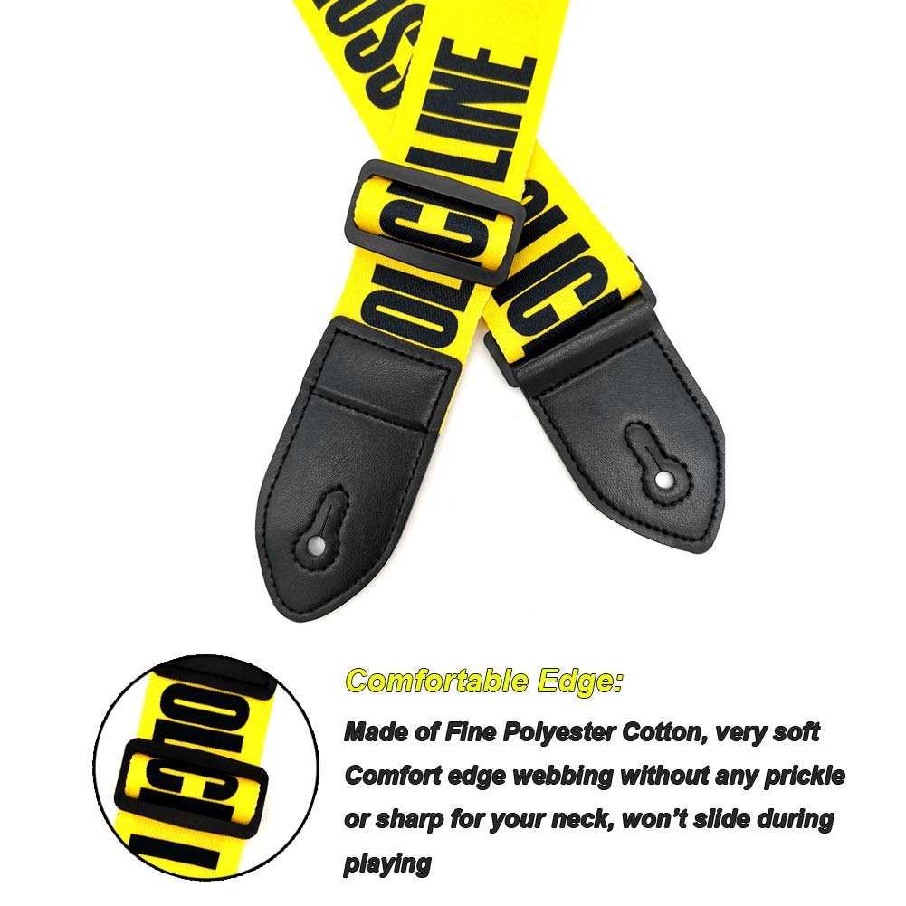 Sopopal Acoustic Guitar Strap Electric Guitar Straps with Leather Ends Adjustable Classical Suitable For Bass, Electric & Acoustic Guitars (Yellow Police Line)