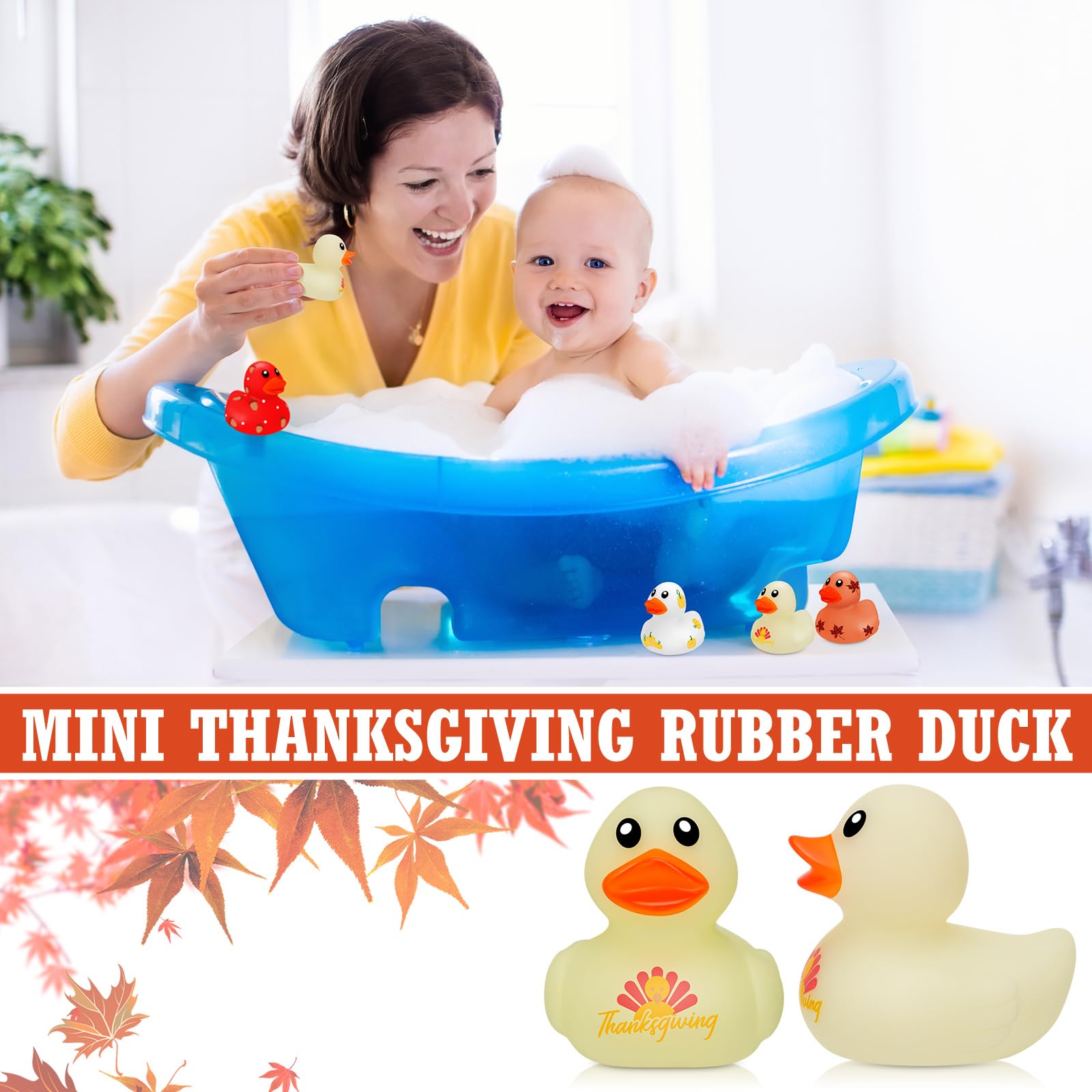 Libima 24 Pcs Thanksgiving Rubber Ducks 2'' Mini Fall Rubber Duckies with Pumpkin Leaf Turkey Patterns Autumn Themed Float Ducks for Thanksgiving Party Decoration Baby Shower Toy Class Game Reward