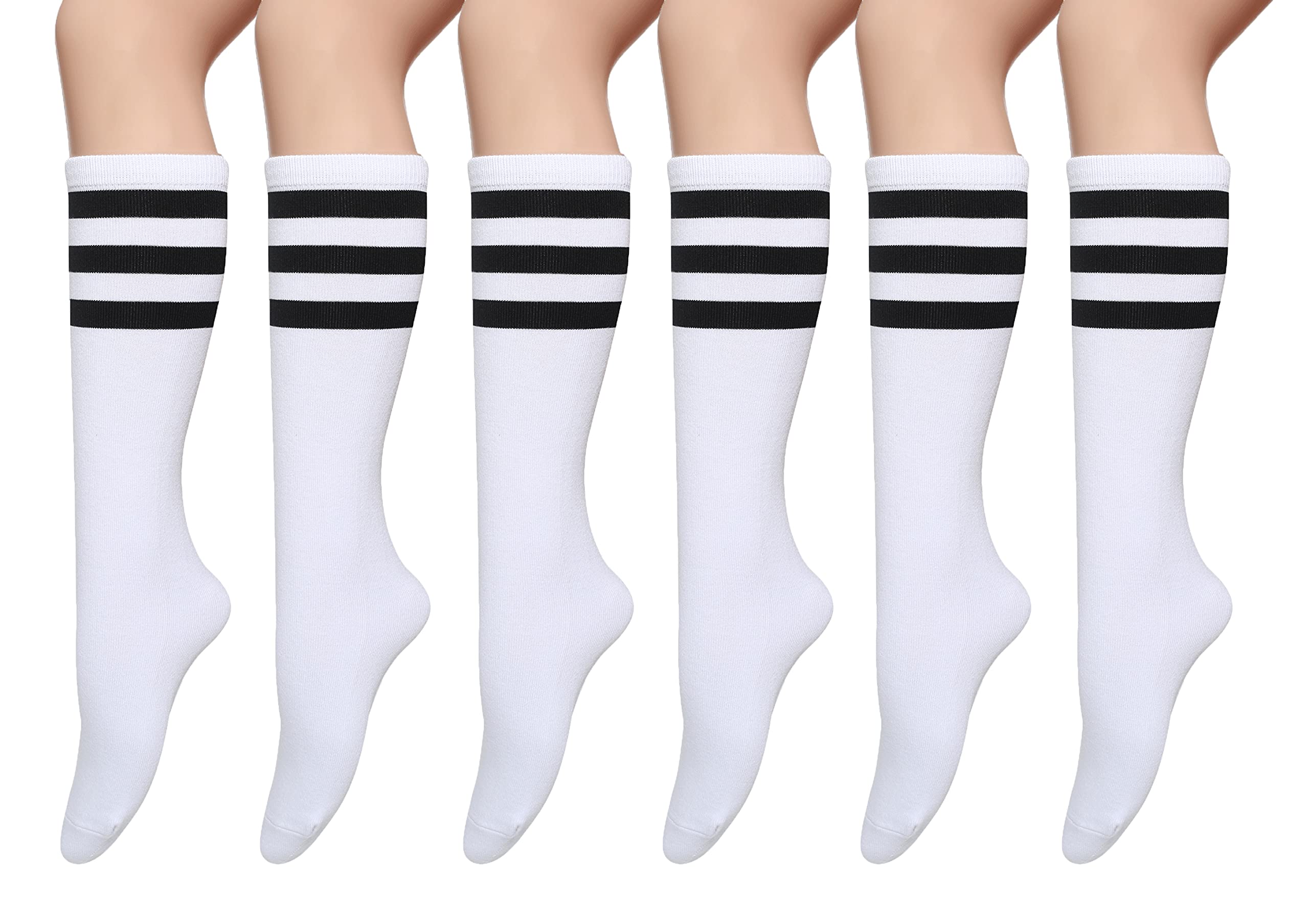 Pareberry Casual Cotton Solid & Triple Stripe Colors Knee High Tube Socks-3 Pairs (A05-(Black+White+Light Gray))