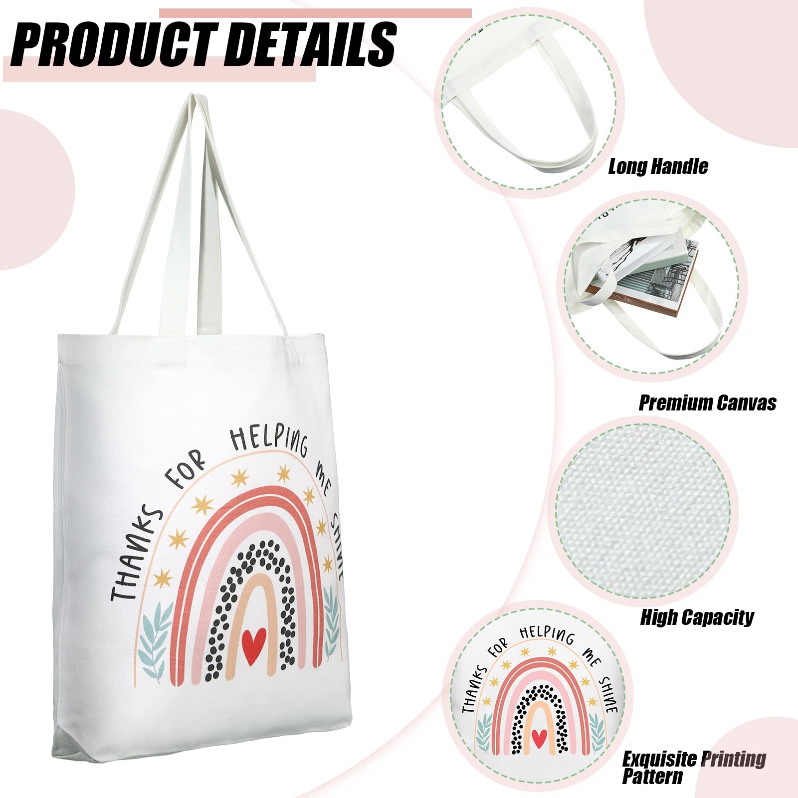 Sumind 6 Pcs Teacher Appreciation Gift Canvas Teacher Tote Bags Thank You Gift for Women Reusable Rainbow Bags(Elegant Style)