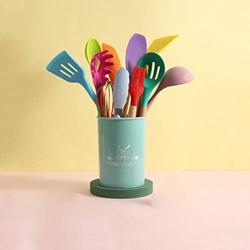 LMMDP 15 Piece Set of Cooking Green Silicone Kitchenware Shovel Spoon Kitchenware Tool Spoon Storage Bucket Set