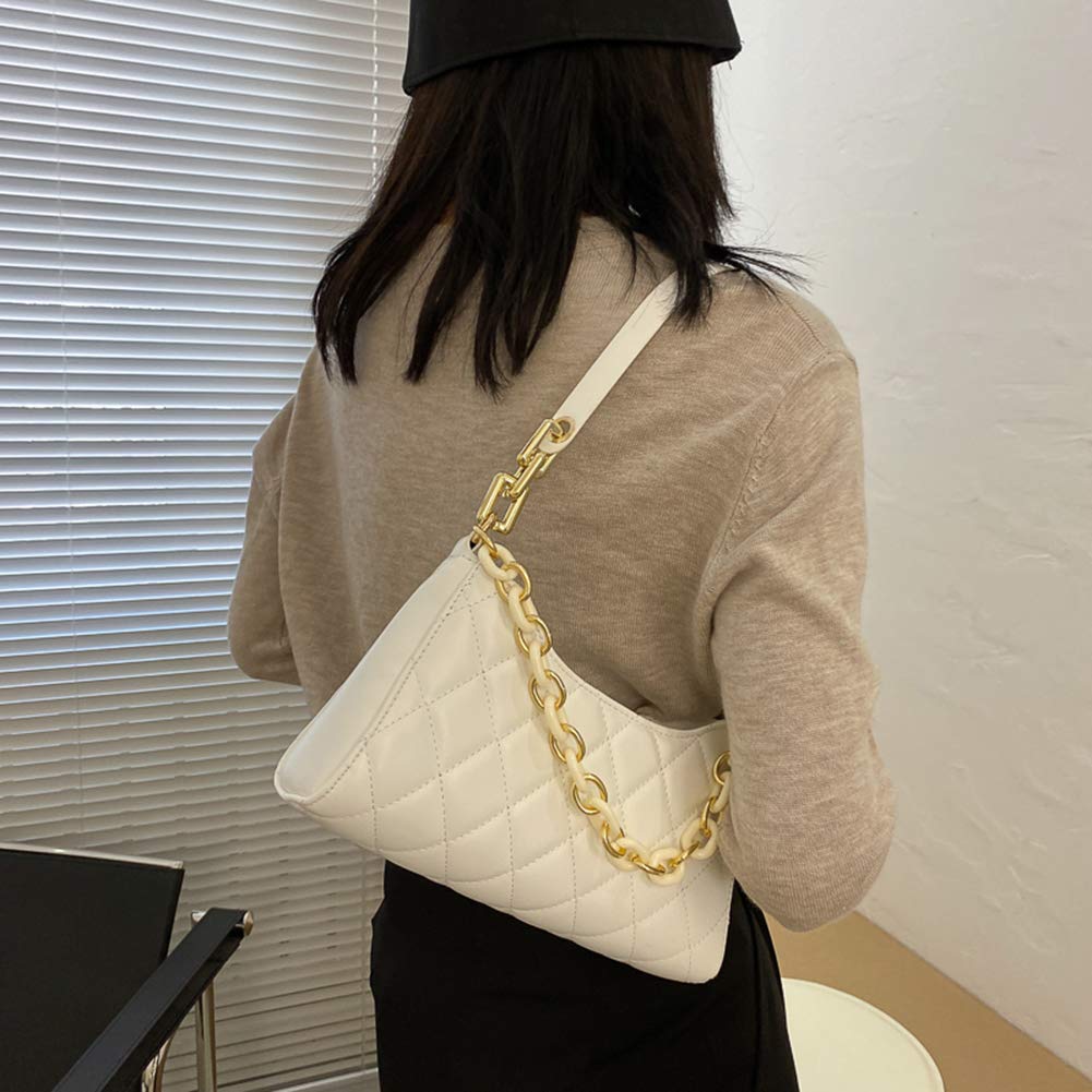 Women Chain Handbags Solid Lattice Pattern Travel Simple Shoulder Underarm Bag, White, 21 x 18 x 5cm