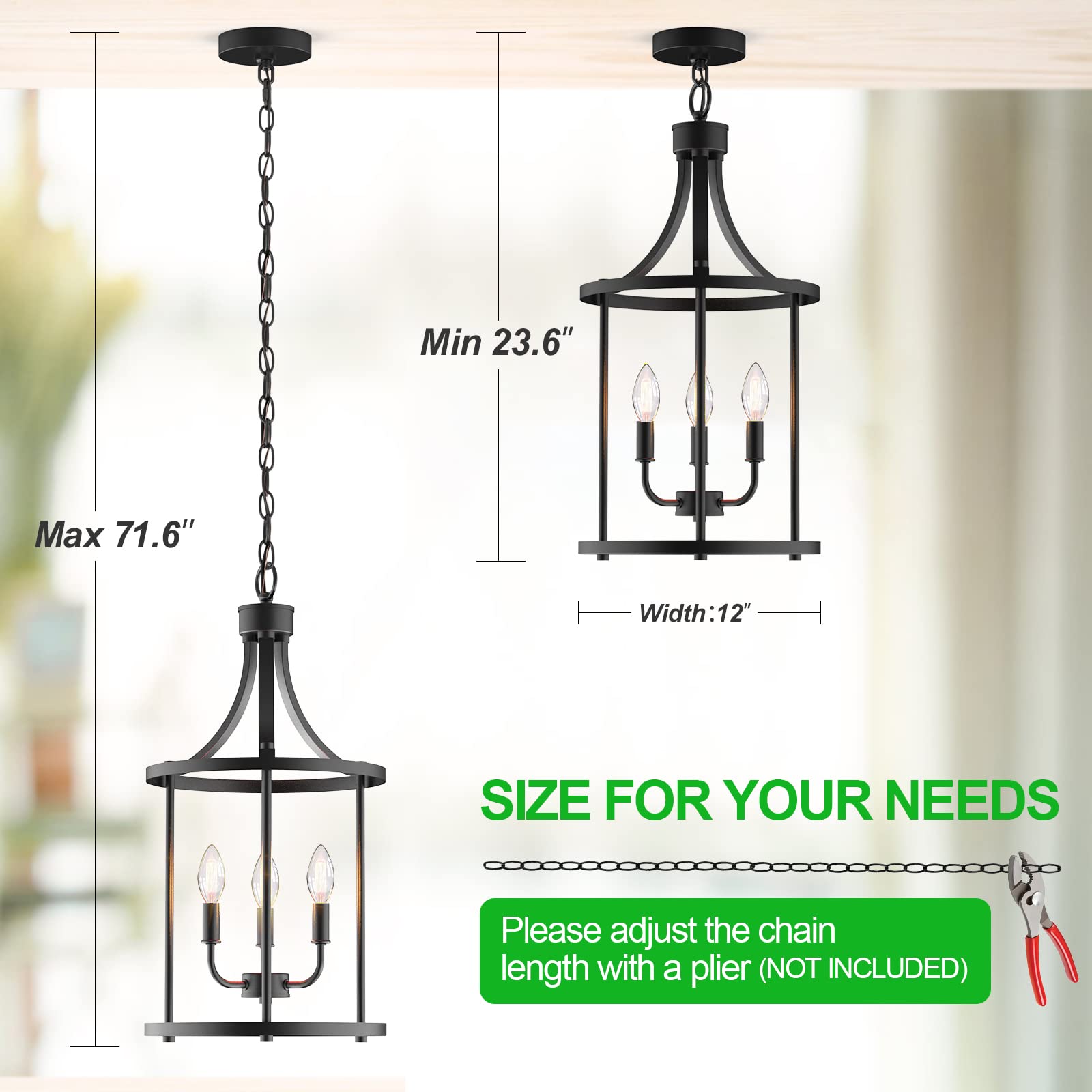PARTPHONER Farmhouse Chandelier, Dining Room Lighting Fixtures Hanging, Modern Light Fixture Black Lantern Cage,5-Light Pendant Lighting for Kitchen Island, with Adjustable Rods