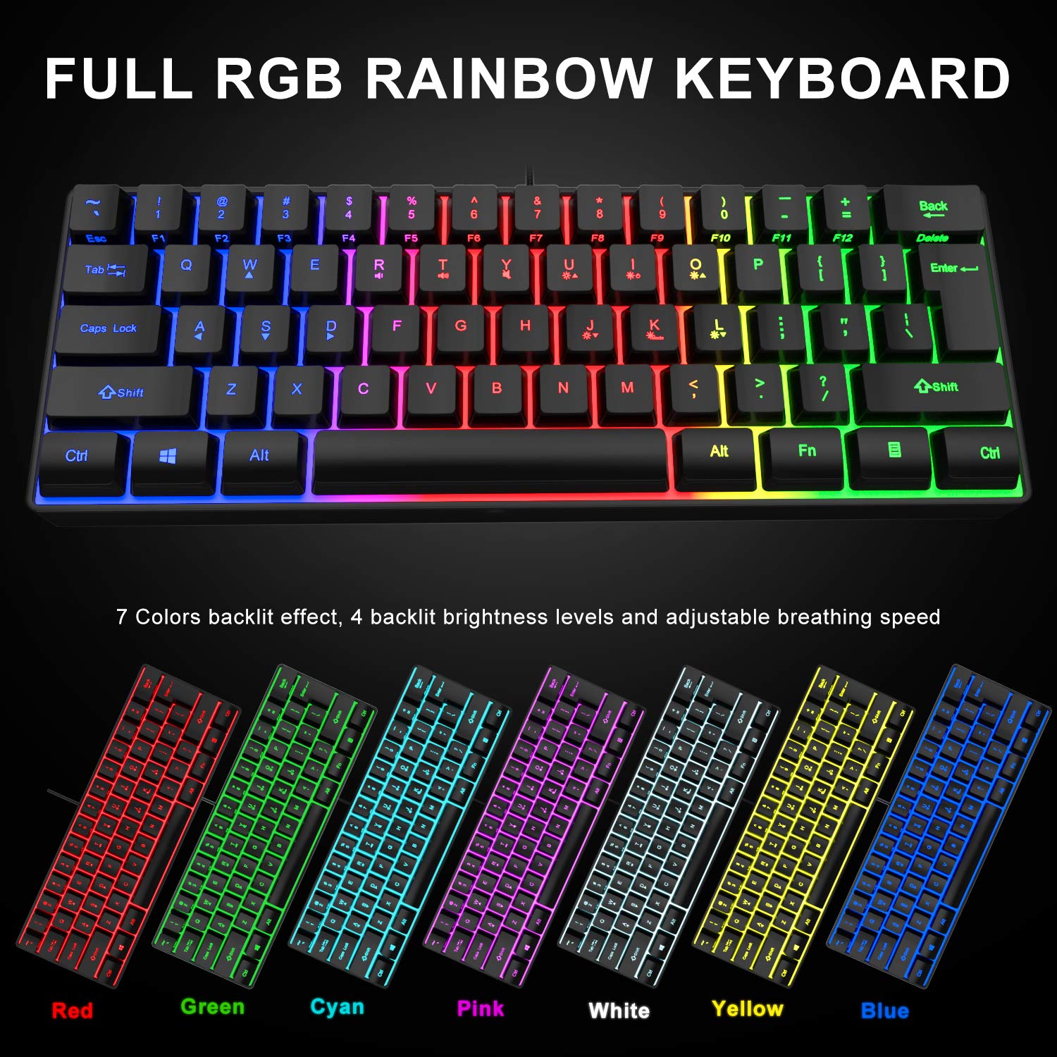 MFTEK 60% Gaming Keyboard and Mouse Combo, Ultra Compact 61 Keys TKL Design Gaming Keyboard with RGB Rainbow Backlit, Illuminated Gaming Mouse, USB Wired Keyboard Mouse Set for Laptop PC PS4 Gamer