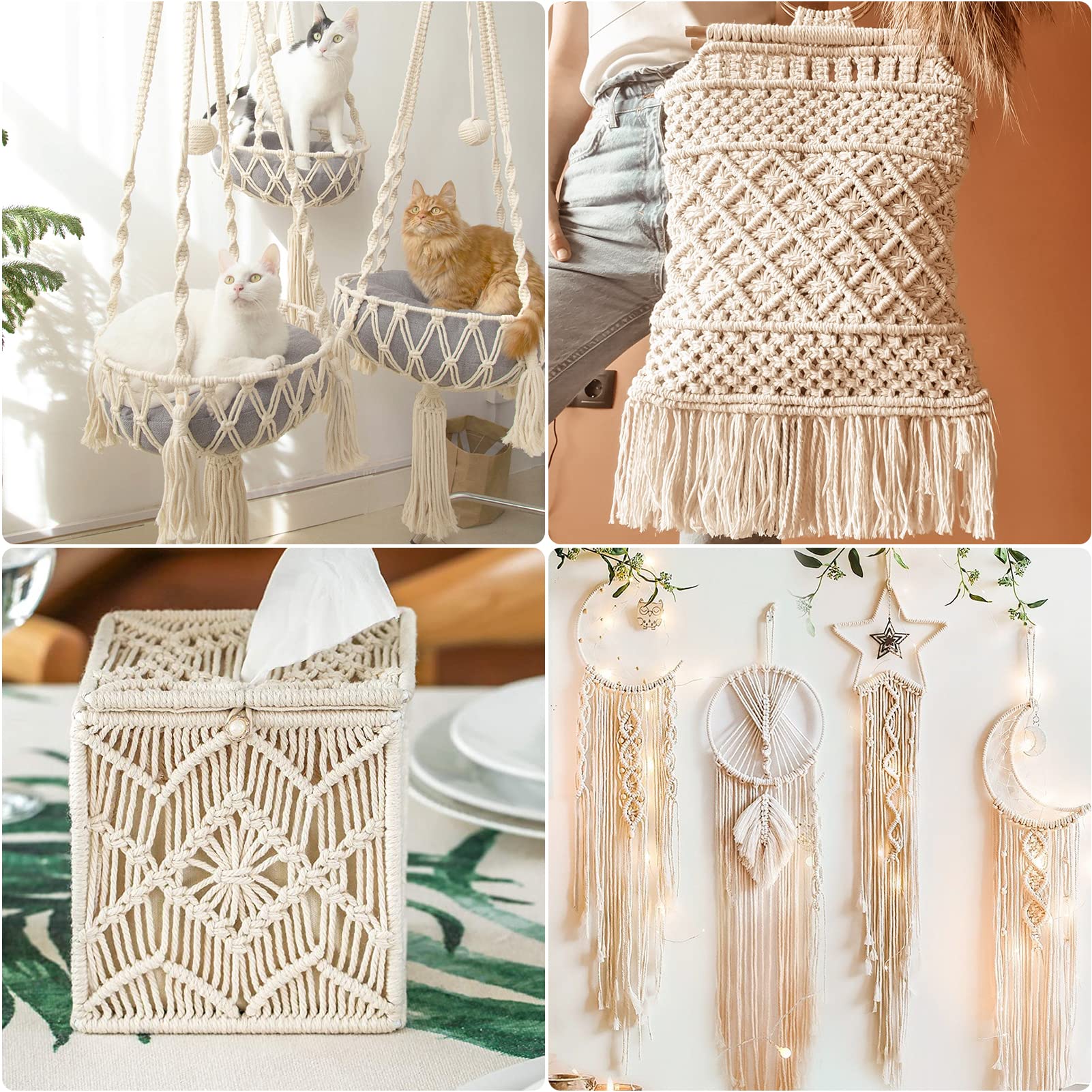 Macrame Cord 3mm x 300 Yards, 100% Natural Cotton Cord Macrame Rope - Twisted Macrame String Supplies for Wall Hanging Plant Hangers Gift Wrapping Wedding Decorations