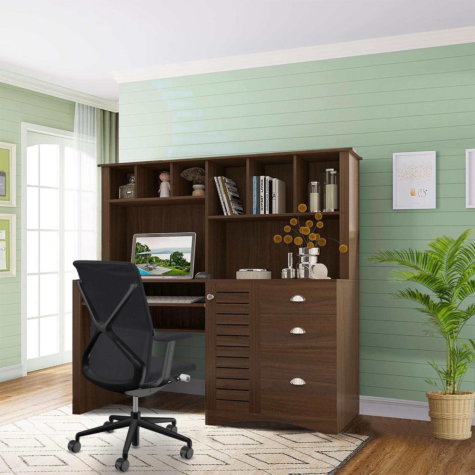 MAXTRAL Computer Desk with Hutch,Home Office Wood Executive Desk with Drawers,Open Shelf,Writing Laptop Table with Keyboard Tray,File Cabinet Computer Desk for Bedroom,Walnut