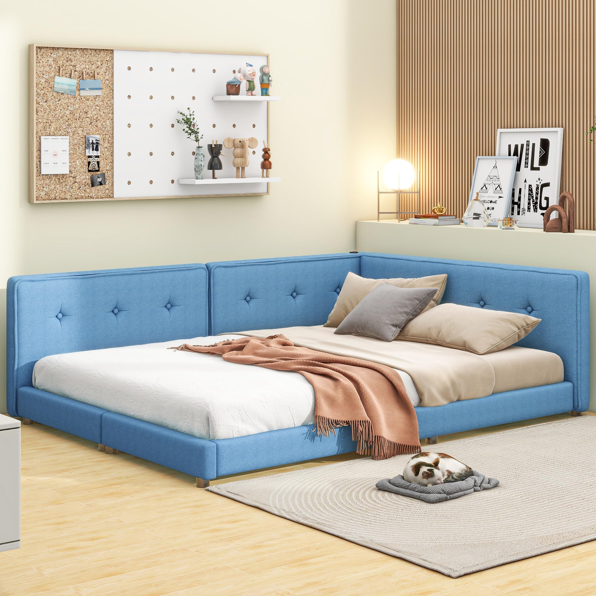 Loisall Upholstered Platform Bed with USB Port,Modern Bed Frame with Slat for Bedroom,No Box Spring Required (Blue, Full)