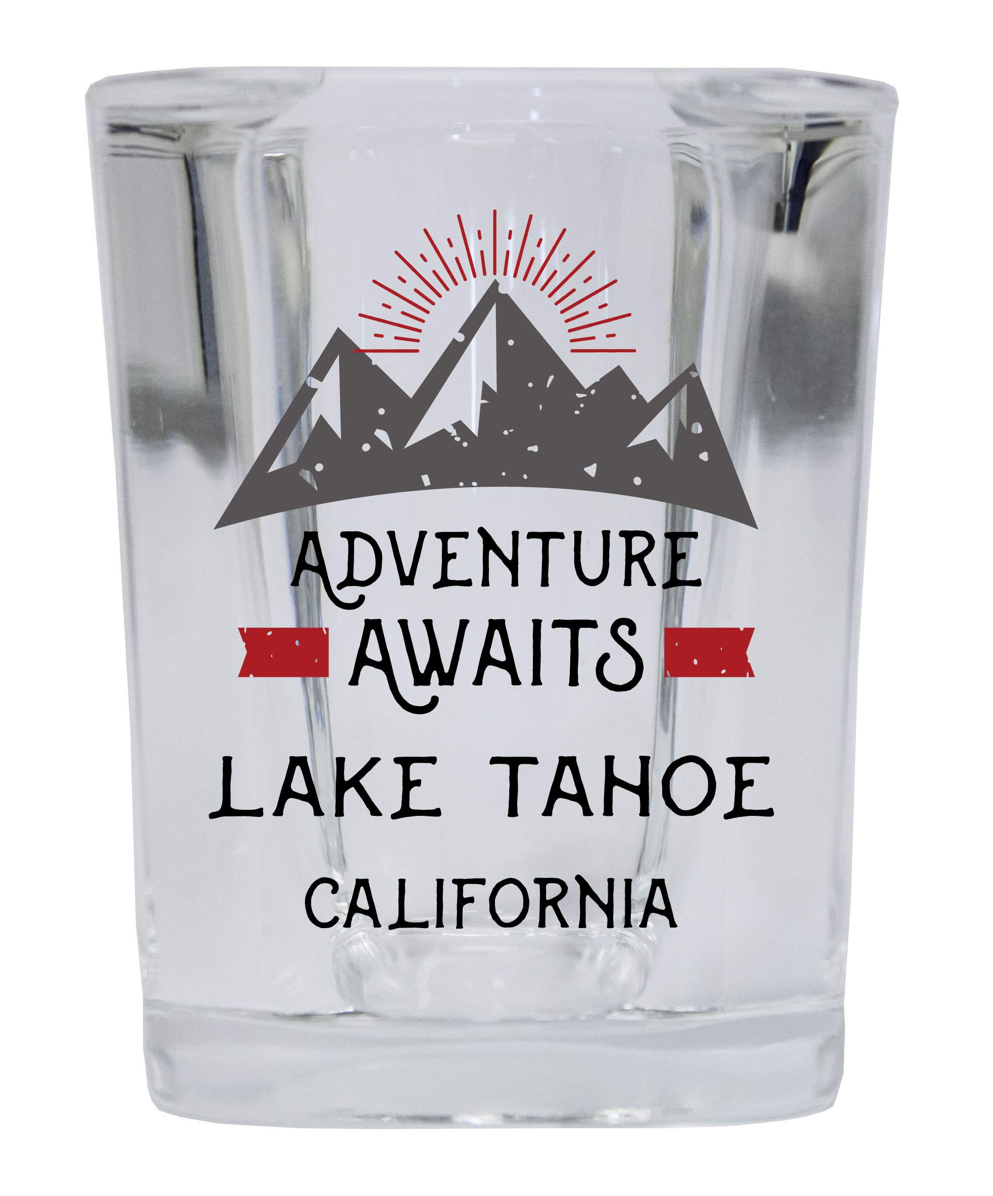 R and R Imports Lake Tahoe California Souvenir 2 Ounce Square Base Liquor Shot Glass Adventure Awaits Design
