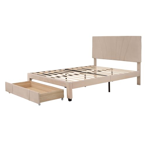 Livavege Queen Bed Frame with Wingback Headboard and Storage Drawers, Velvet Upholstered Platform w/Wooden Slats Support, Queen Size Bedframe No Box Spring Needed, Easy Assembly/Mattress Foundation