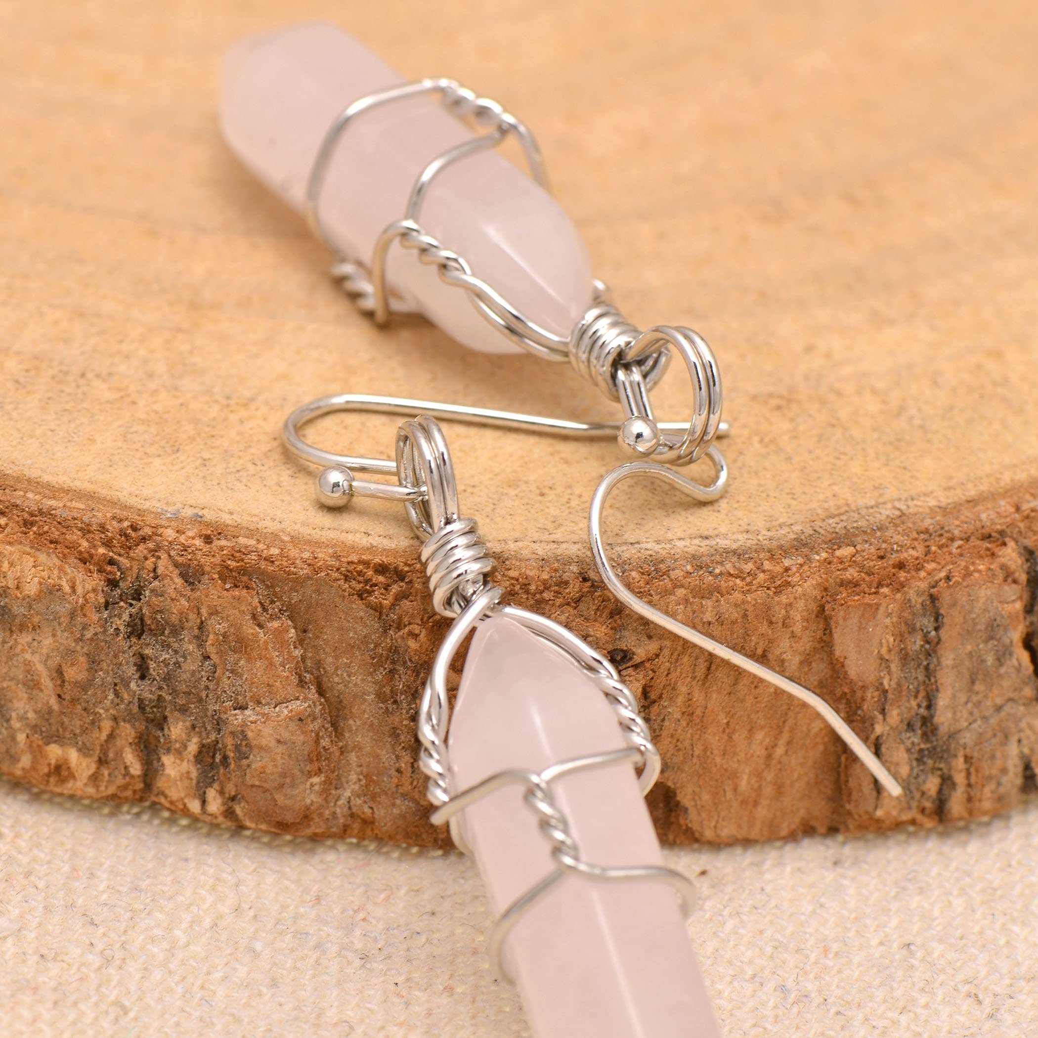 Paialco Hand Wired Natural Rose Quartz Healing Crystal Point Chakra Dangling Earrings