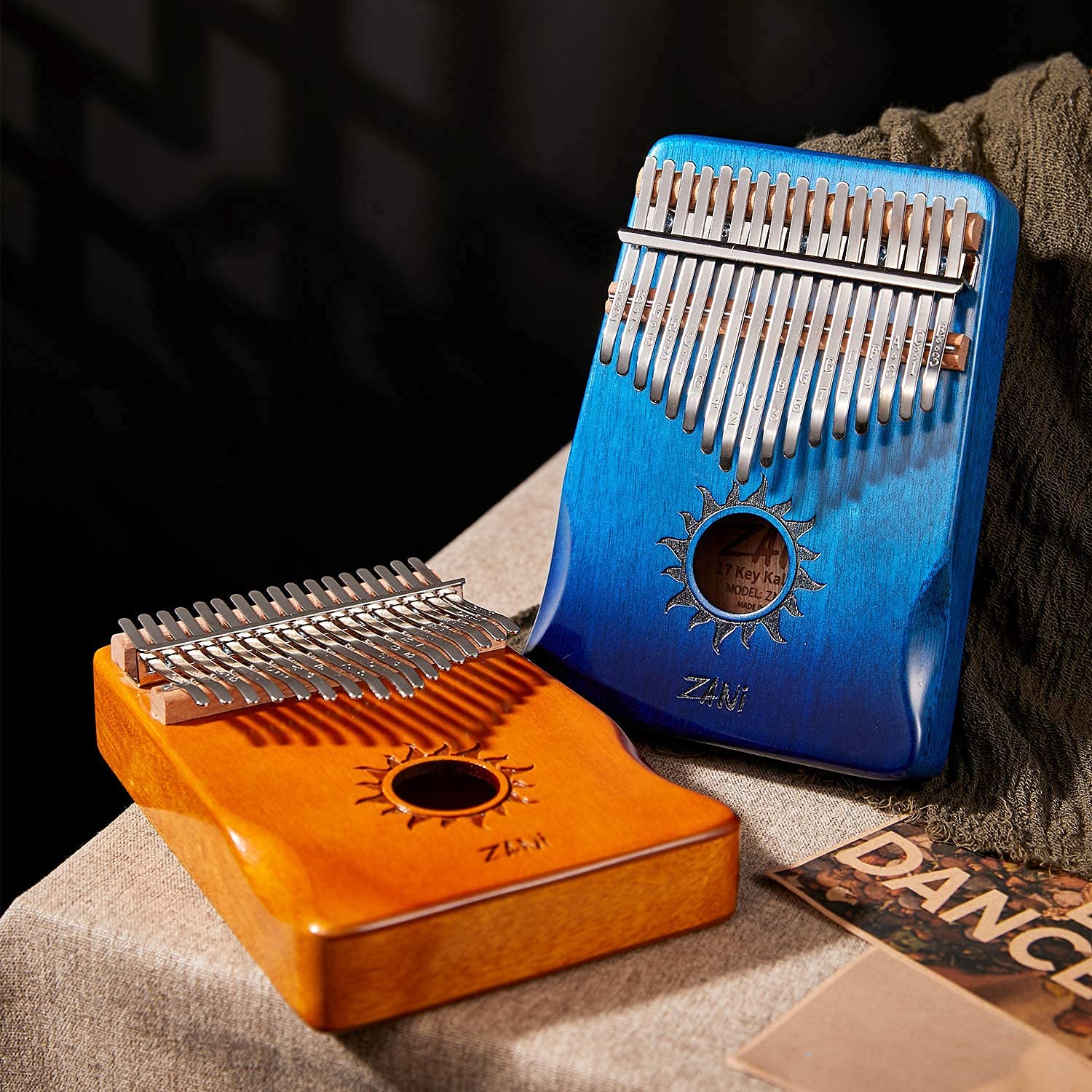 LvPets Kalimba 17 Key Thumb Piano Mahogany Helios Pattern Finger Piano Handhold Mbira Portable Premium Musical Instrument Gift for Kids Amateur and Beginner (Gradient Blue)