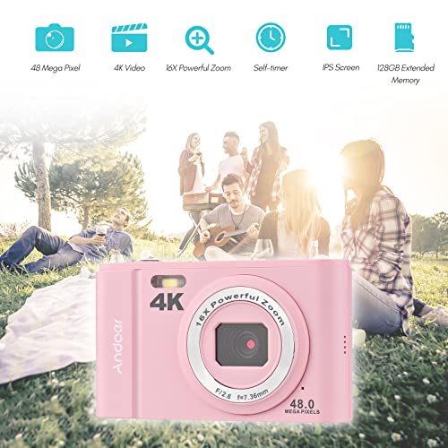 mewmewcat Mini Digital cameraPortable Digital Camera 48MP 4K 2.8-inch IPS Screen 16X Zoom Self-Timer 128GB Extended Memory Face Detection-Shaking with 2pcs Batteries Hand Strap Carry Pouch