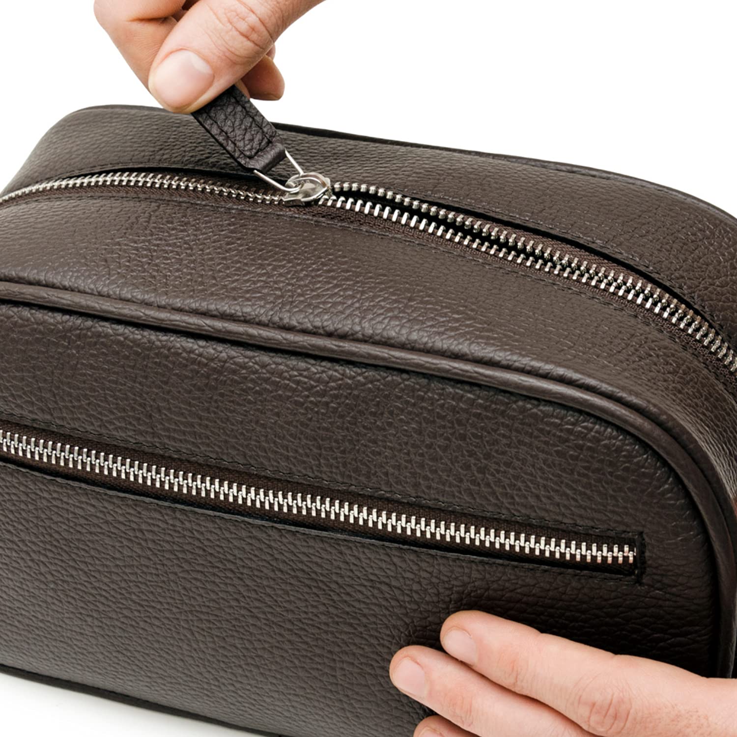 Maruse Italian Leather Toiletry Travel Bag with 2 Zippered Closures for Men and Women, Handmade in Italy (Black)